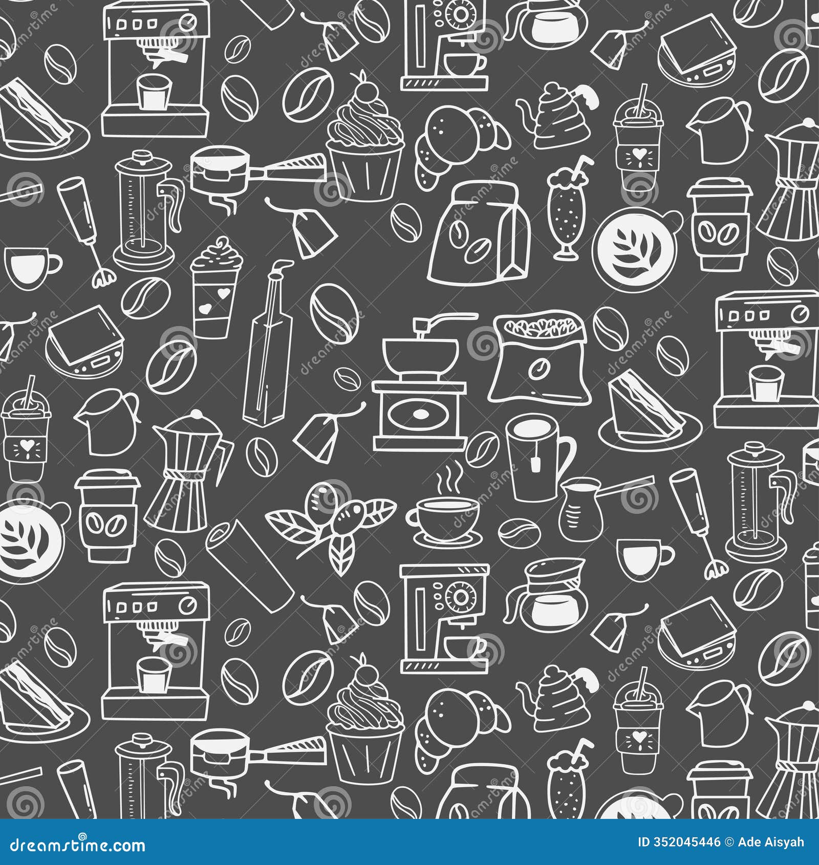 Barista Kawaii Line Art Seamless Pattern Background Vector Illustration ...