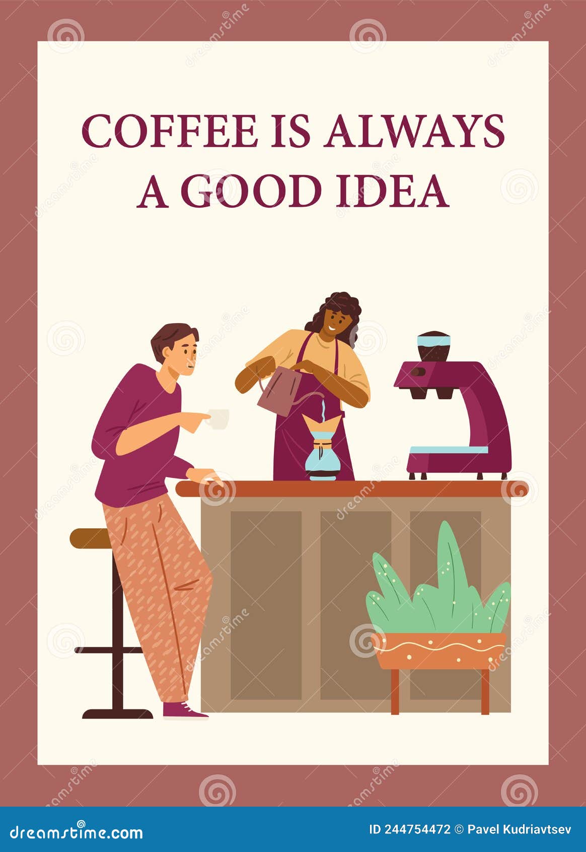 Barista Making Coffee and Customer Drinks it, Poster Template - Flat ...