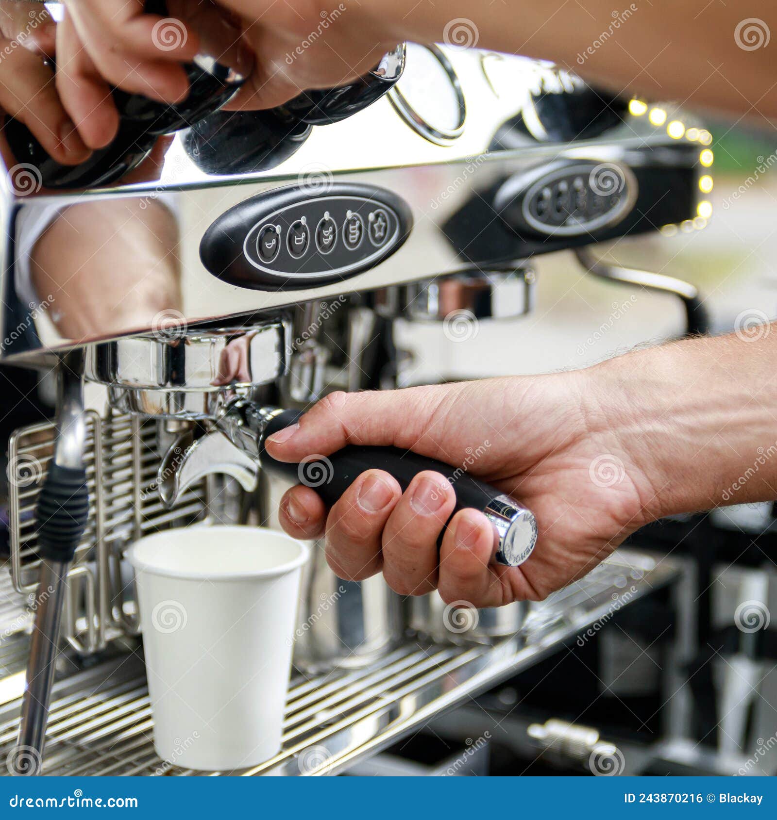 Barista Making Coffee Using Professional Espresso Machine Stock Photo ...