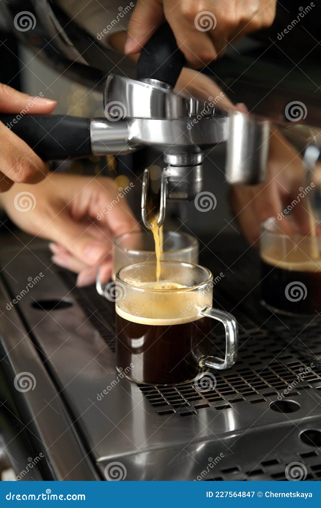 Barista Making Espresso Using Professional Coffee Machine, Closeup ...