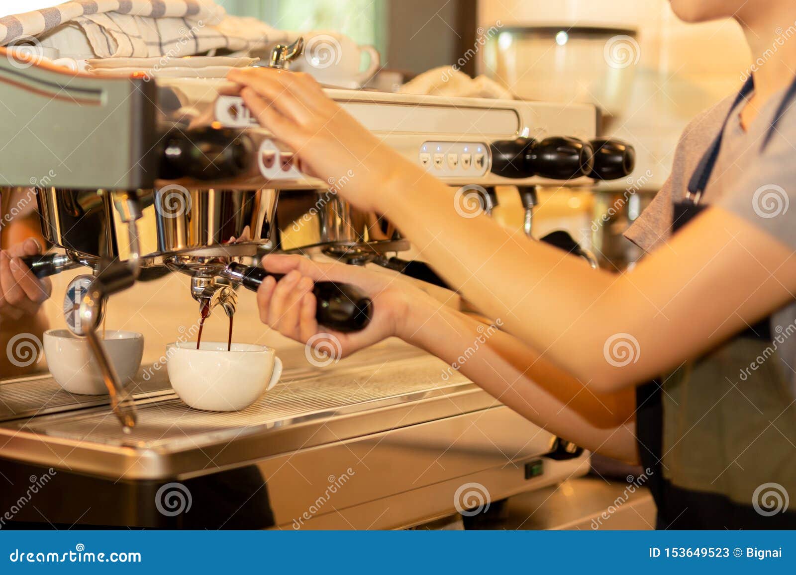 Barista Making Fresh Coffee with Machine in Coffee Shop or Cafe. Stock ...