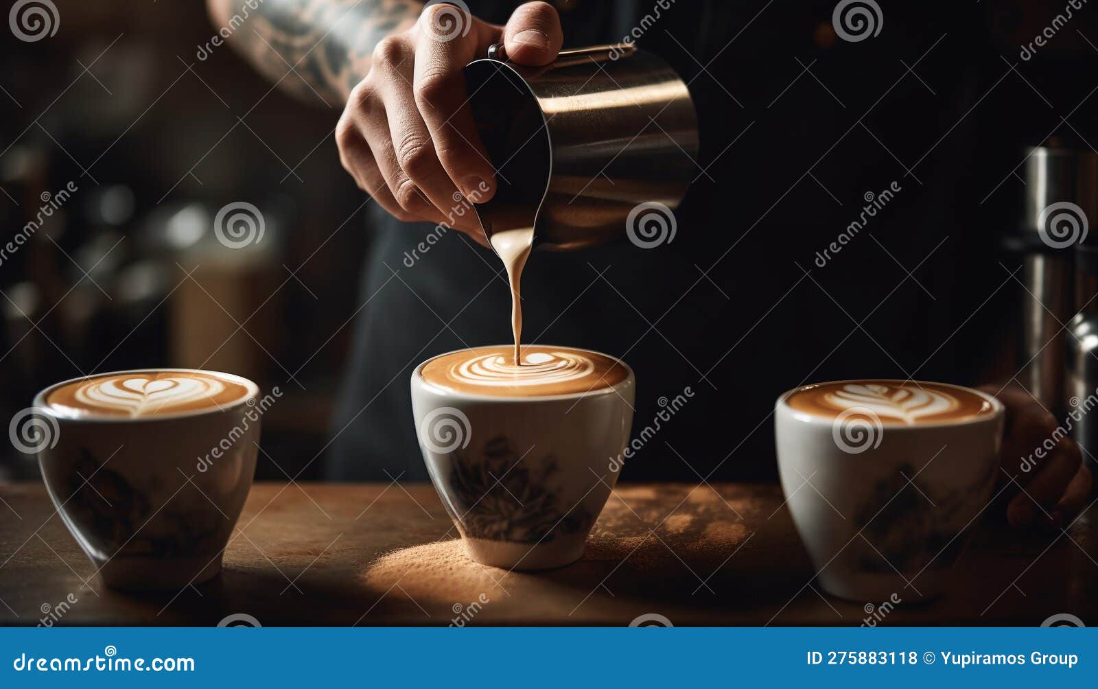 Barista Pouring Frothy Coffee, Creating Latte Art Generated by AI Stock ...