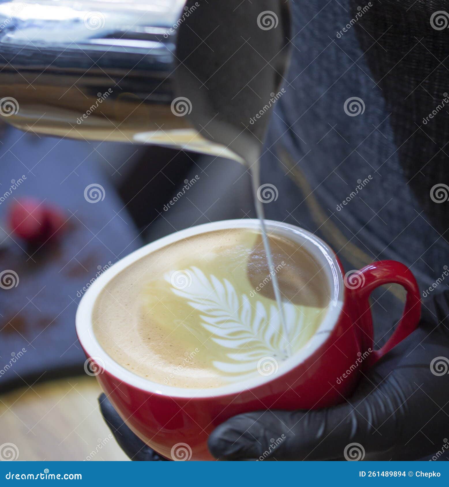 Barista Pouring Leaf Pattern Make Coffee Cup Latte Art Stock Photo ...