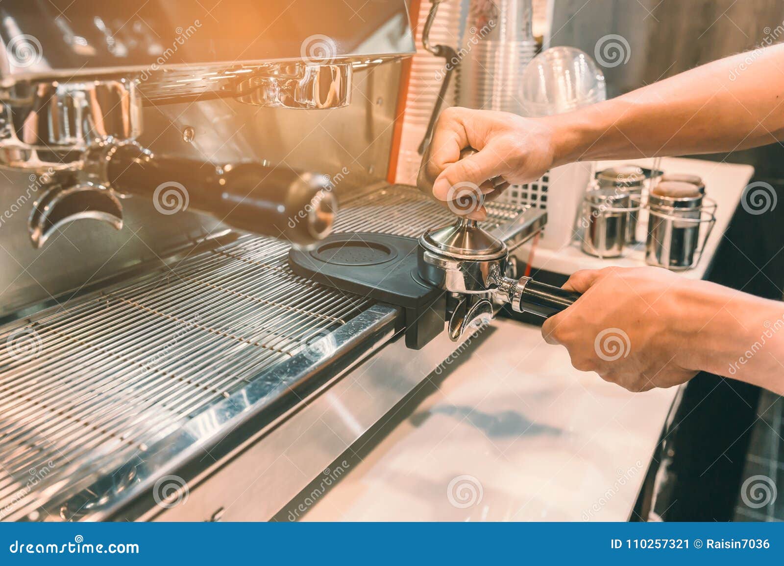 Barista Prepare a Cofee for Extract in Coffee Machine. Stock Image ...