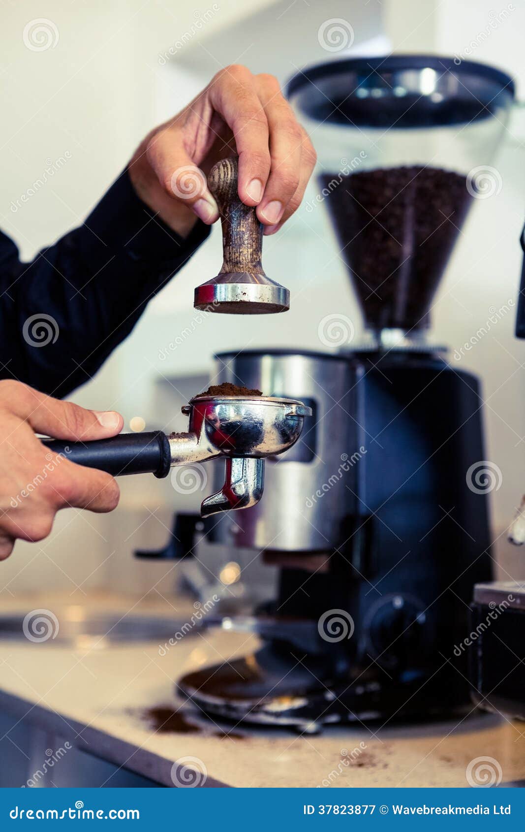 Barista Pressing Down Fresh Coffee Grounds Stock Image - Image of ...