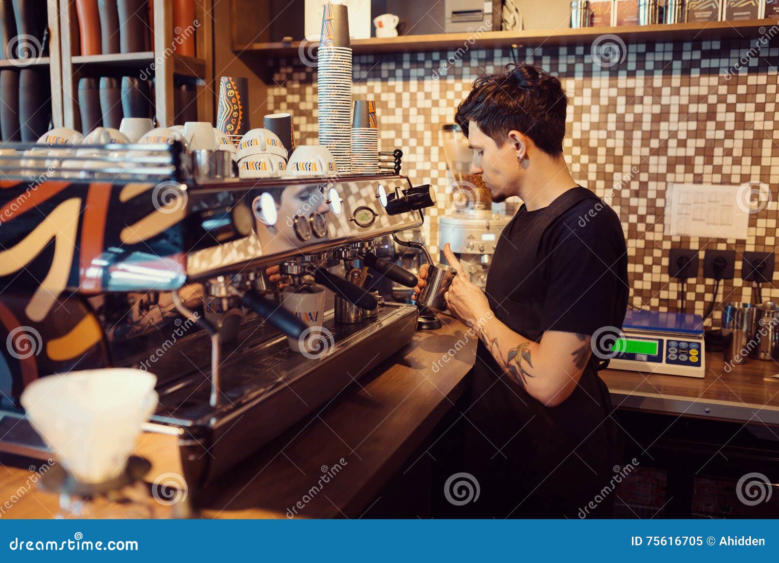 Barista at Work in a Coffee Shop Stock Image - Image of cafe, grinder ...