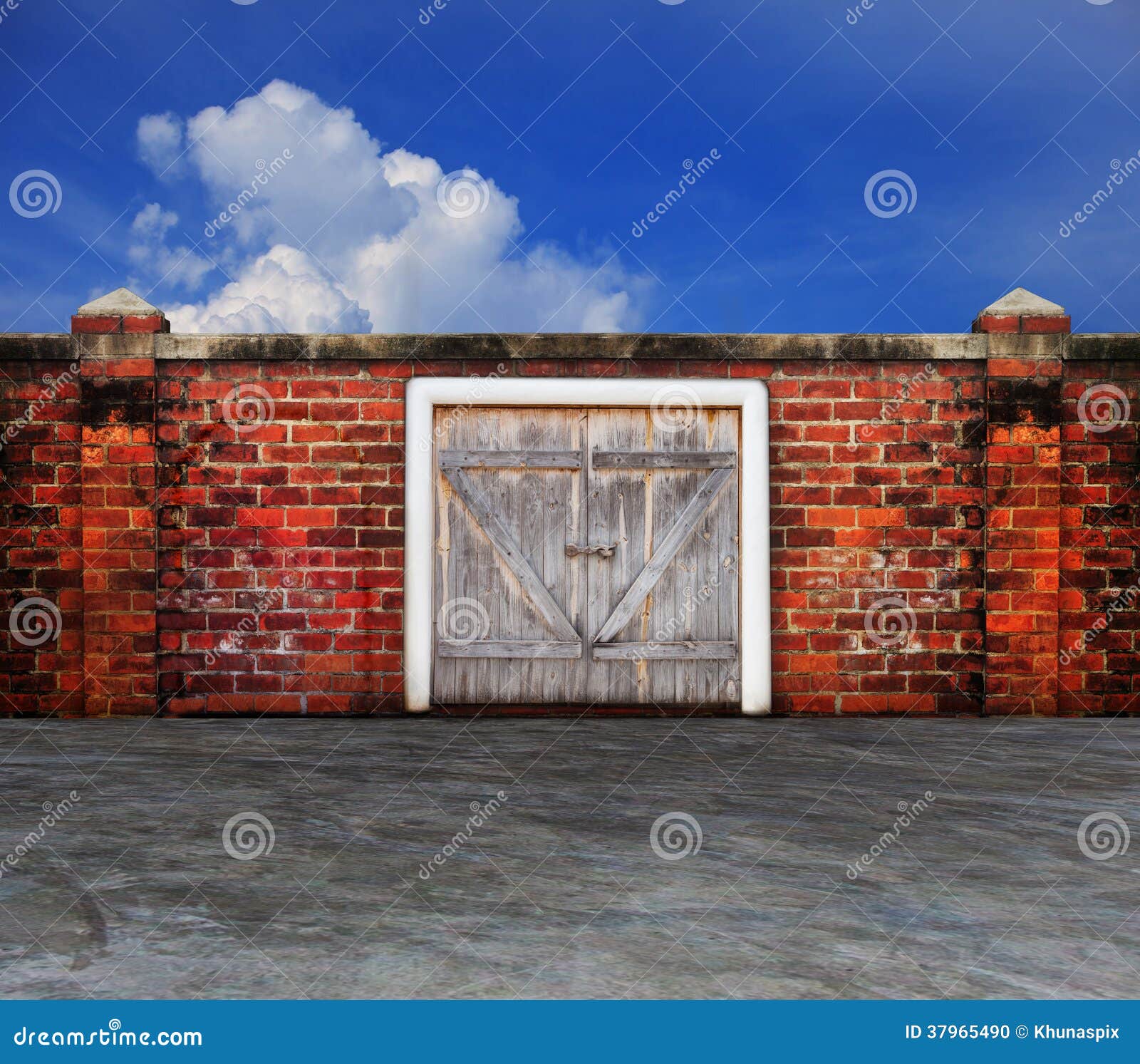 Bark Panel Wood Barn Door on Old Brick Wall with Blue Sky Behin Stock ...