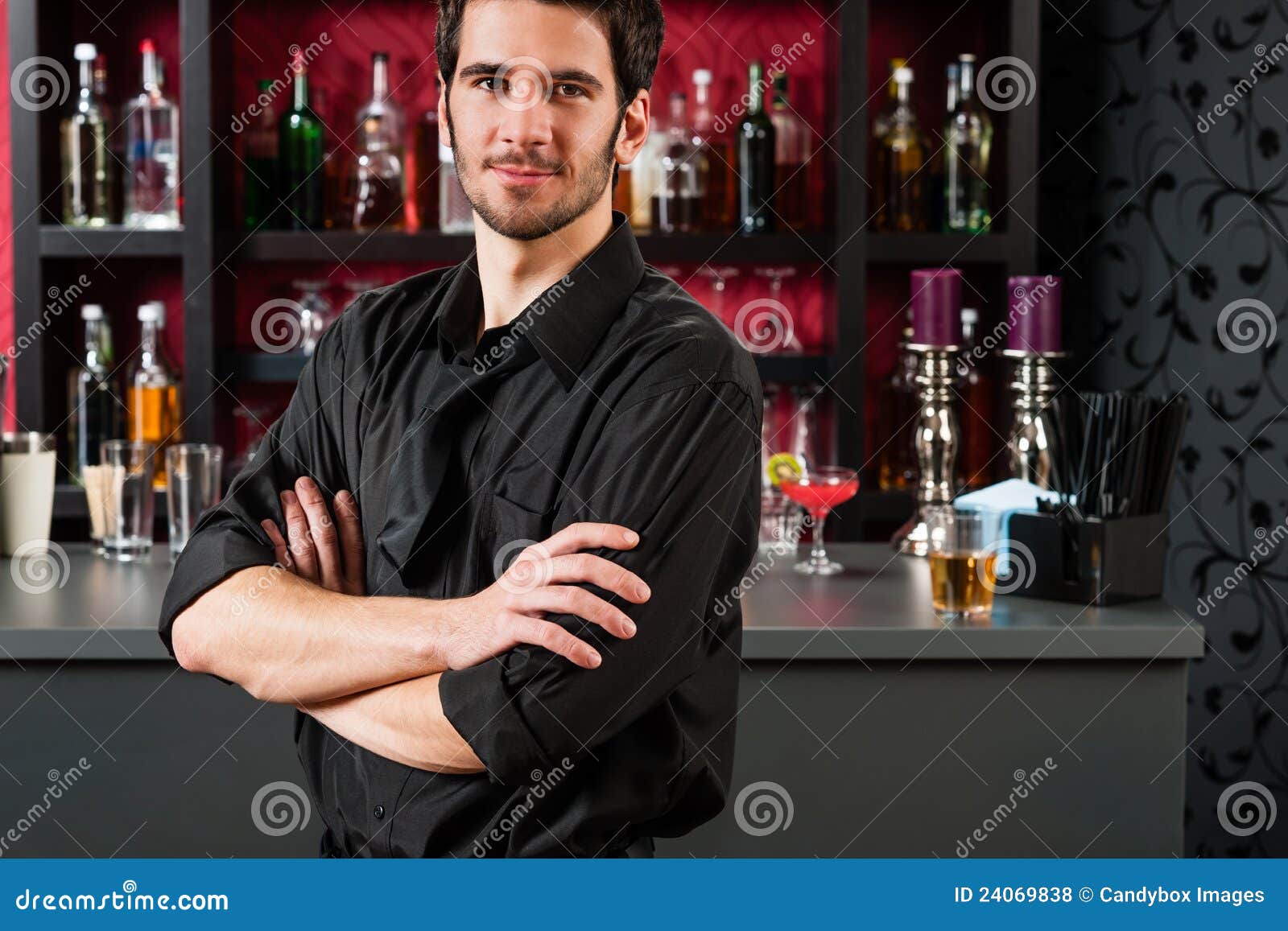 Barman in Black Standing at Cocktail Bar Stock Photo - Image of ...