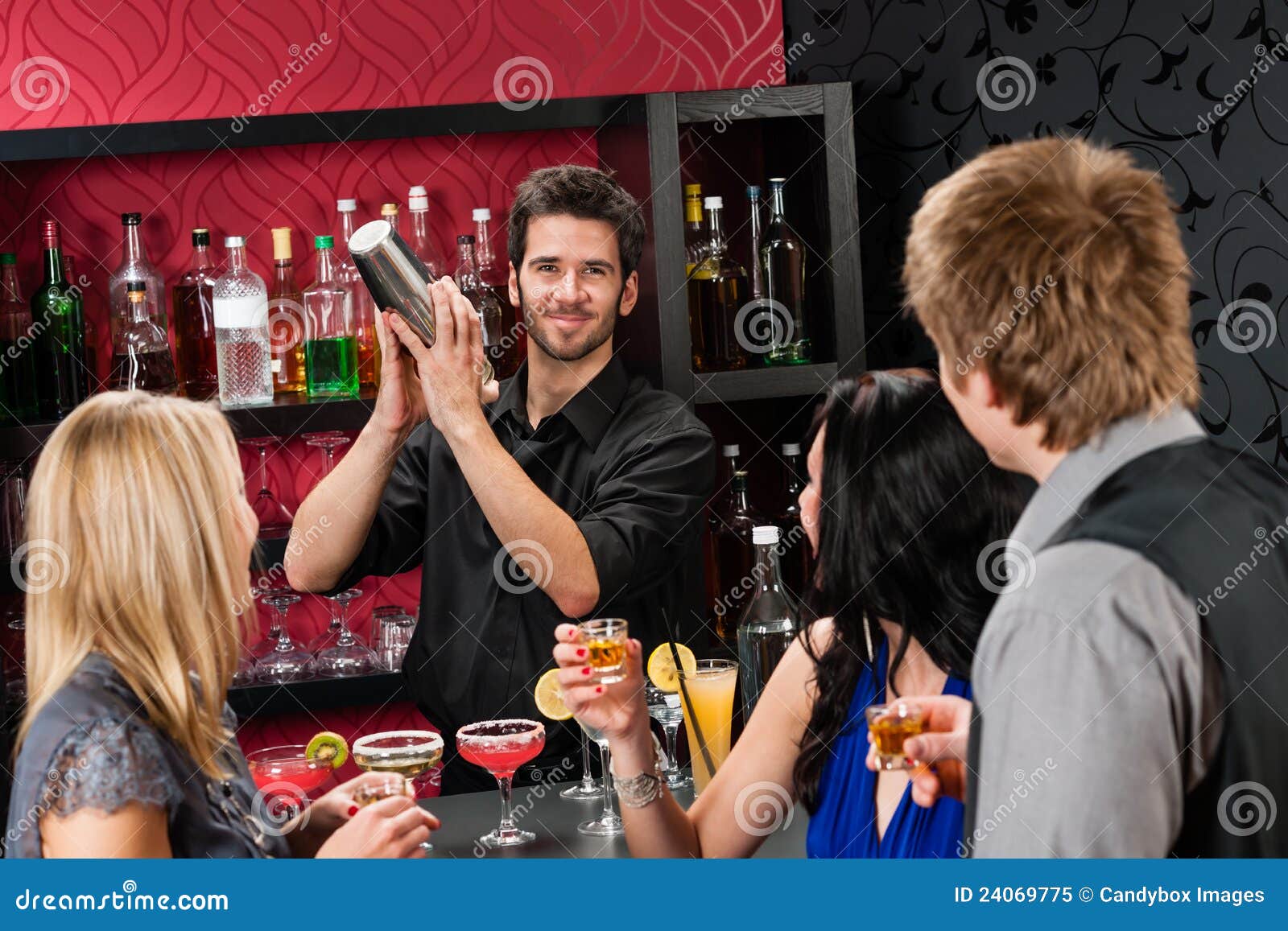 Barman Cocktail Shaker Friends Drinking at Bar Stock Image - Image of ...
