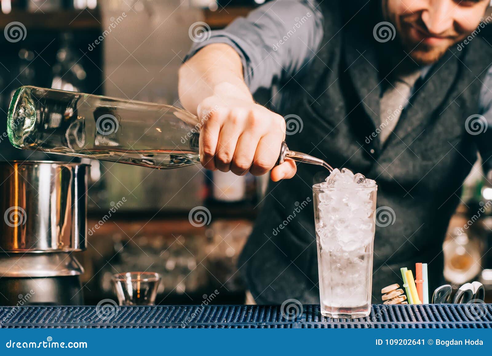 Barman Details - Pouring Rum into Drink, Alcoholic Drink Preparation ...