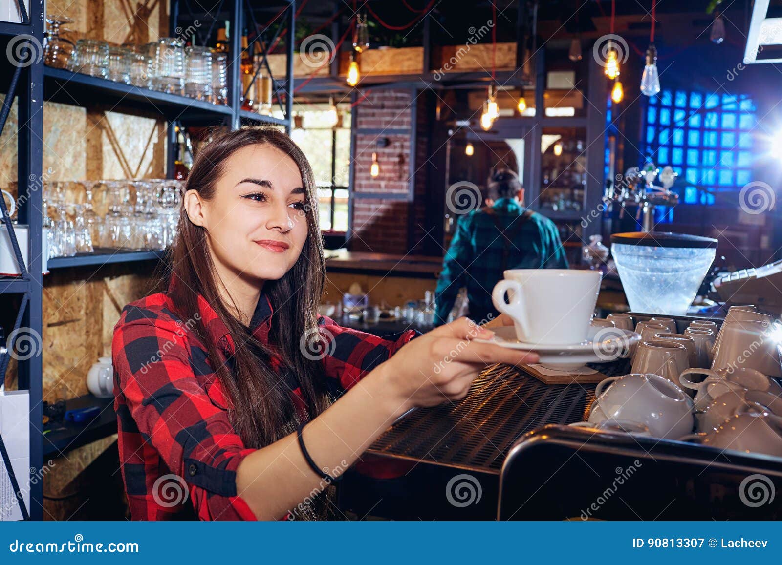 The Barman Girl Works at Bar in Restaurant Stock Image - Image of ...