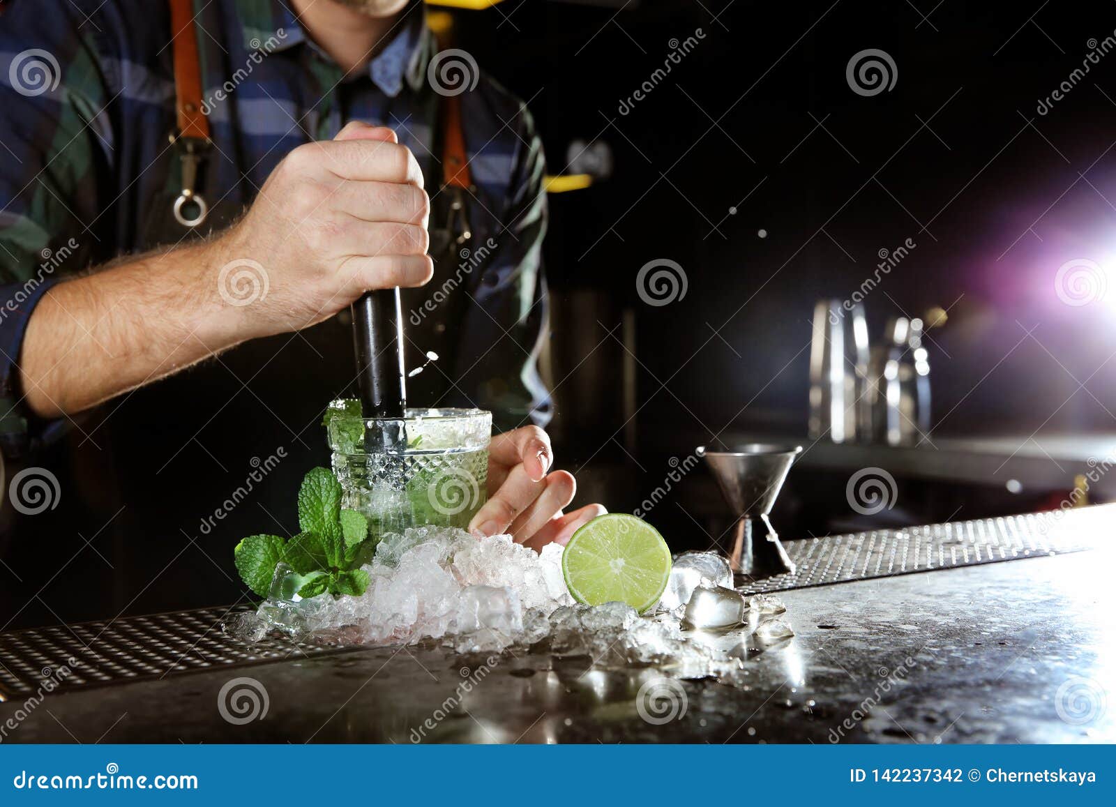 Barman Making Mojito Cocktail at Counter in Pub, Closeup Stock Photo ...