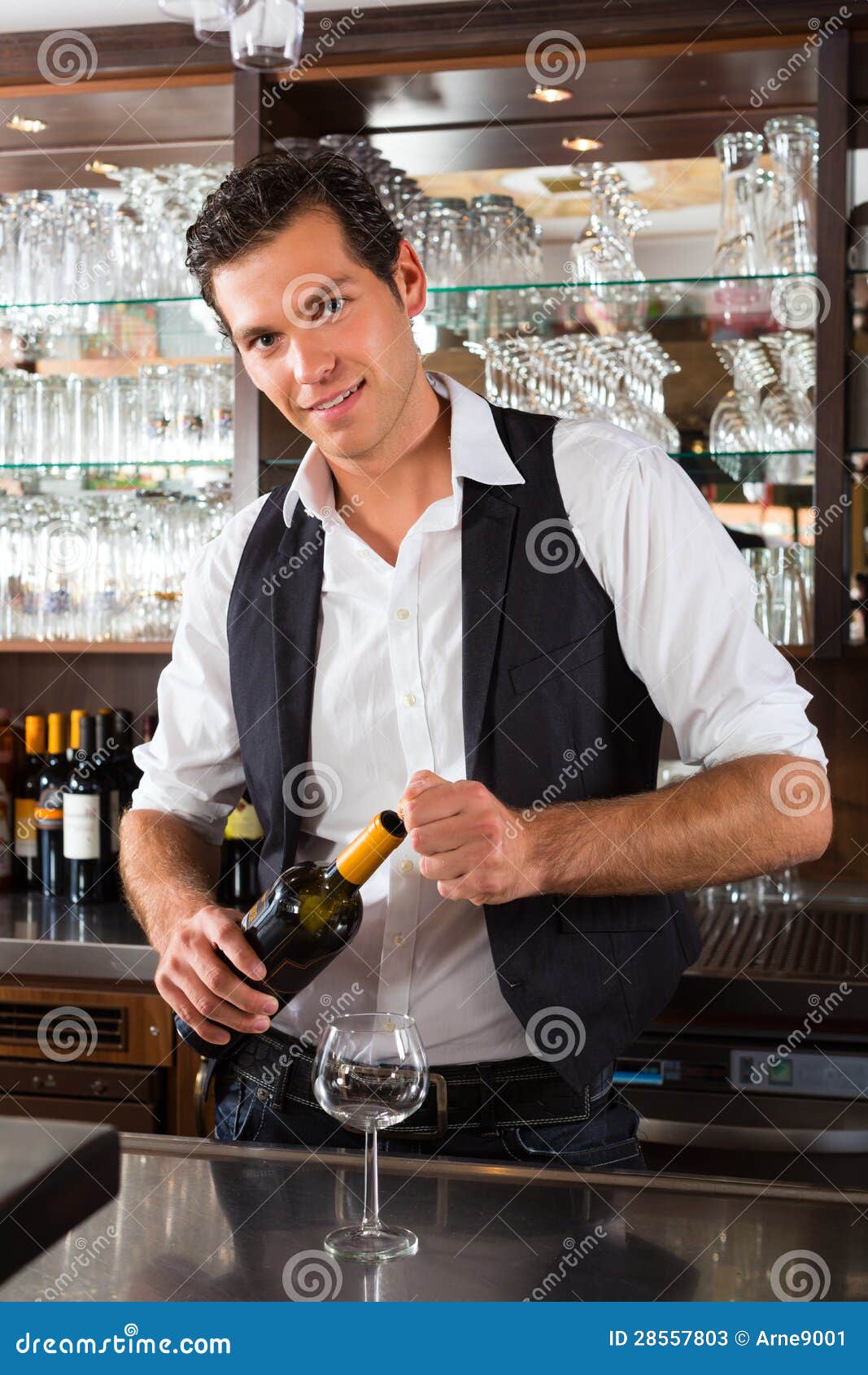 Barman Standing Behind Bar with Wine Stock Image - Image of ...