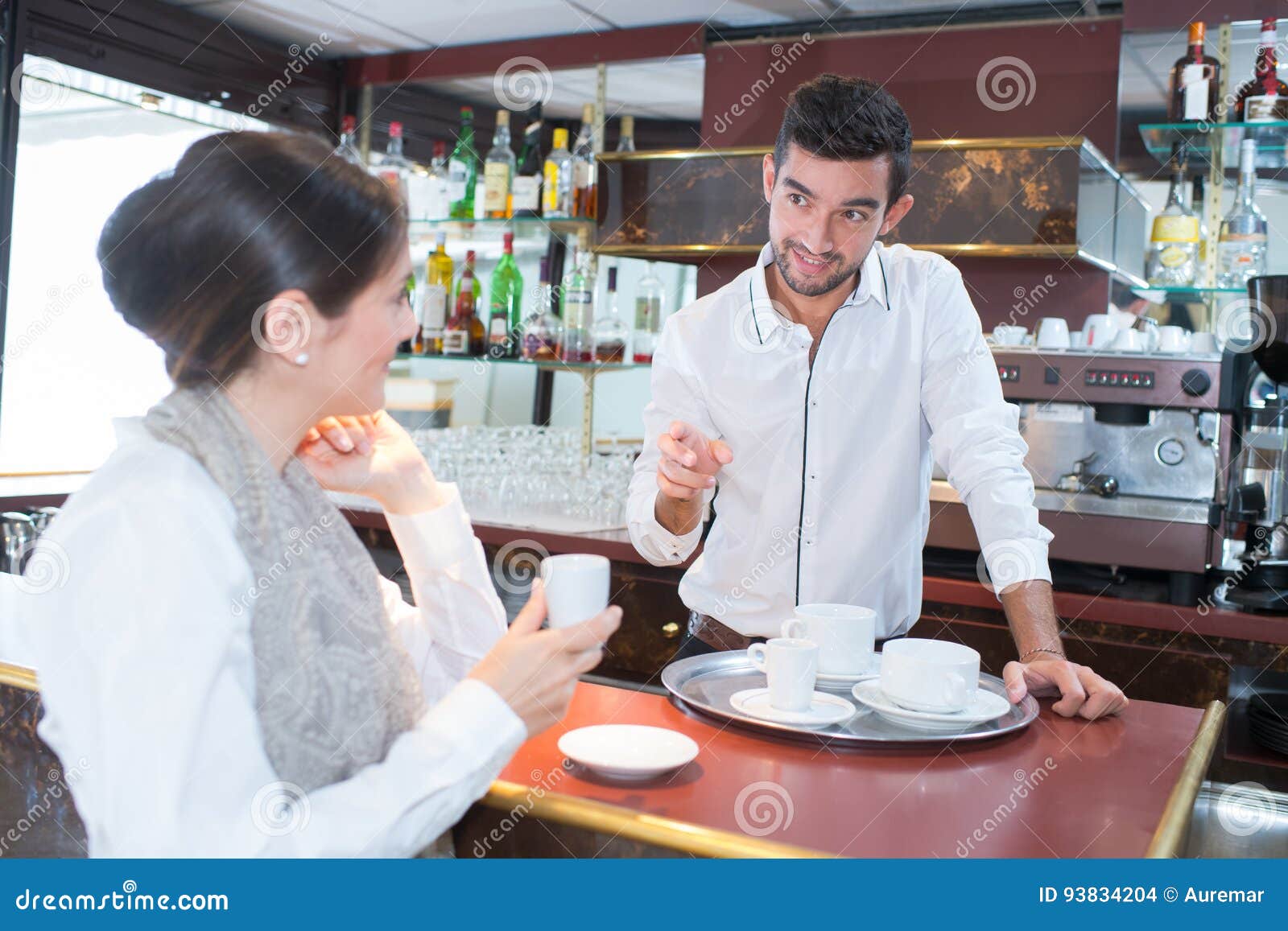 Barman Talking with Pretty Customer in Bar Stock Photo - Image of ...