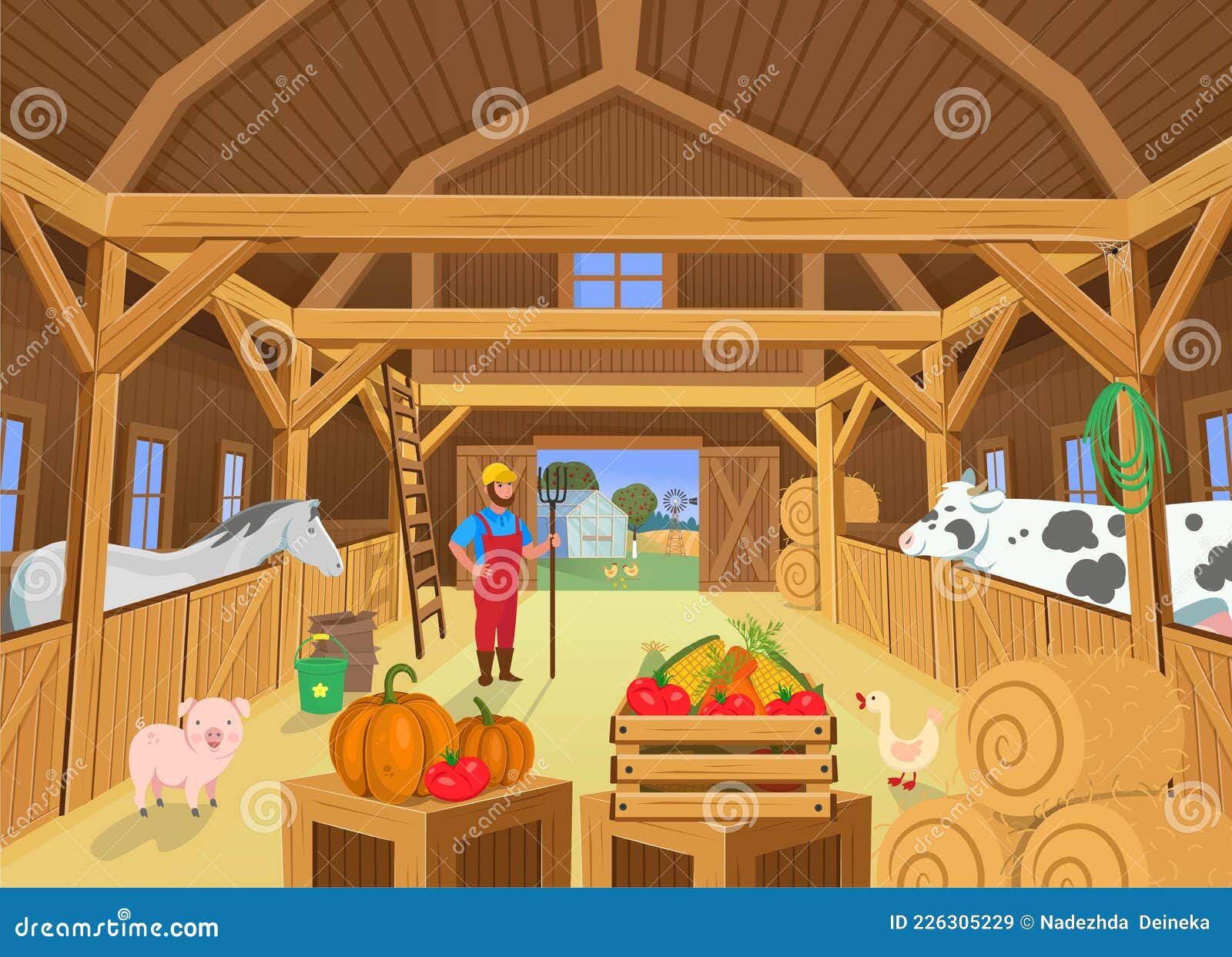 A Barn with Animals and Farmer, View Inside. Vector Illustration in ...