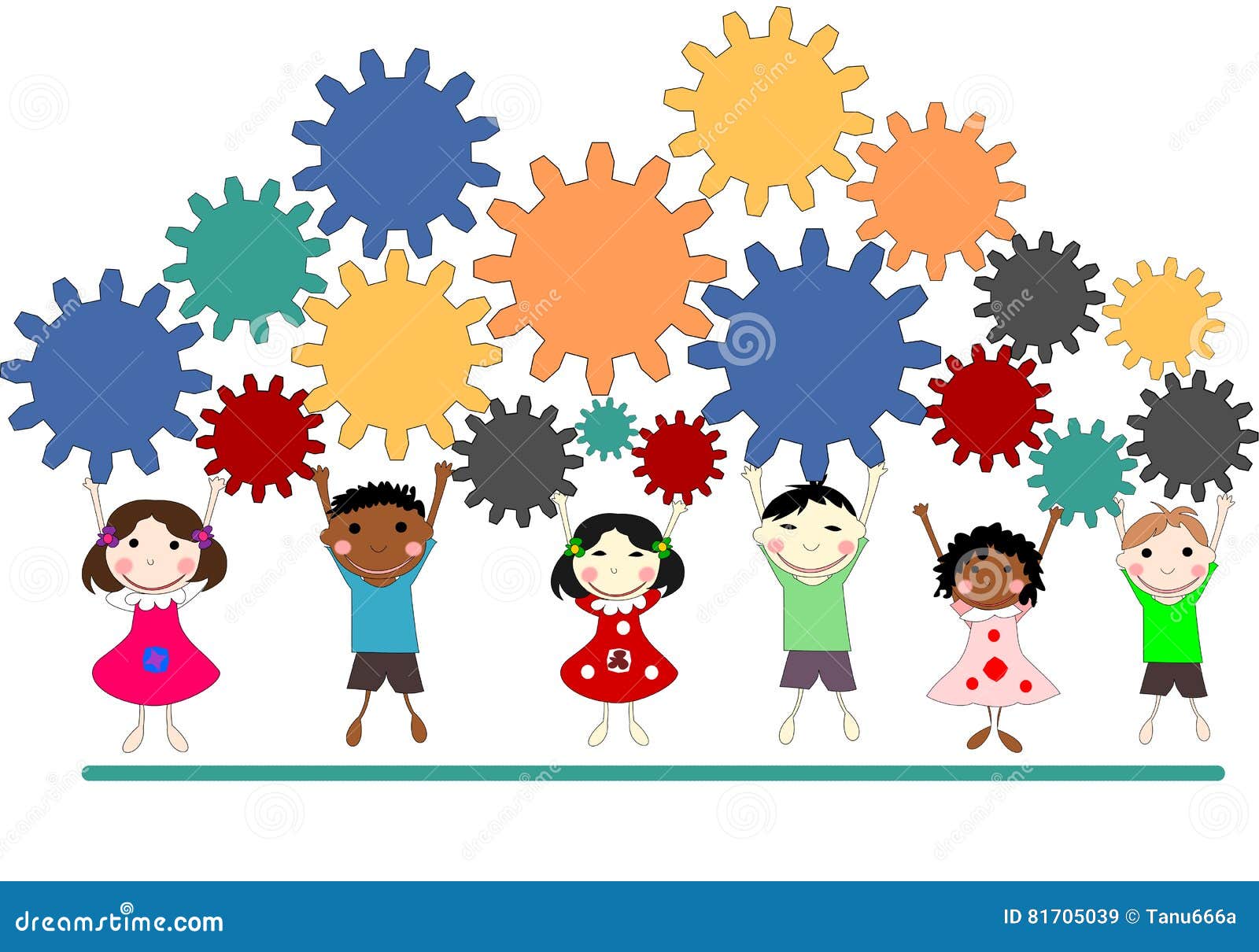 Barn Av Olika Lopp Med Kugghjul, Teamworkbegrepp, Stock Illustrationer ...