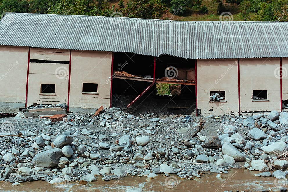 Barn Destroyed by a Natural Rockfall Disaster Stock Photo - Image of ...