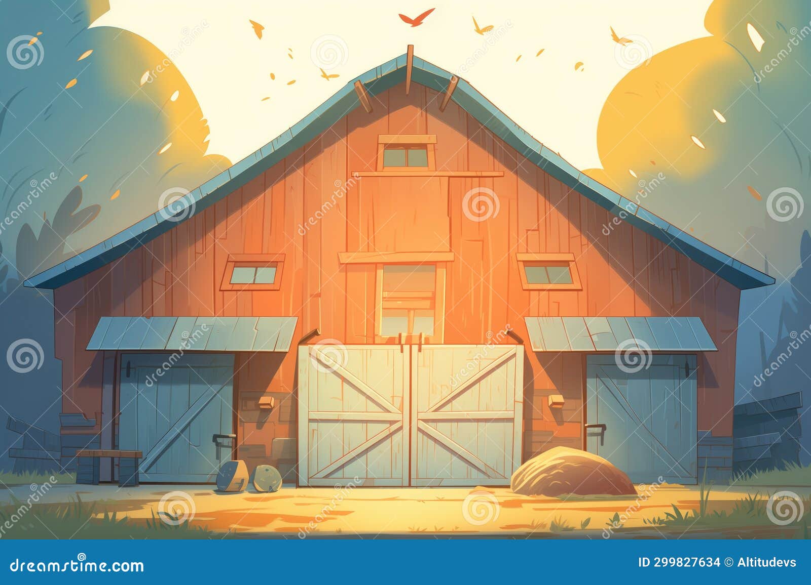 A Barn at Dusk, with Warm Light Spilling Out of Barn Door Stock Photo ...