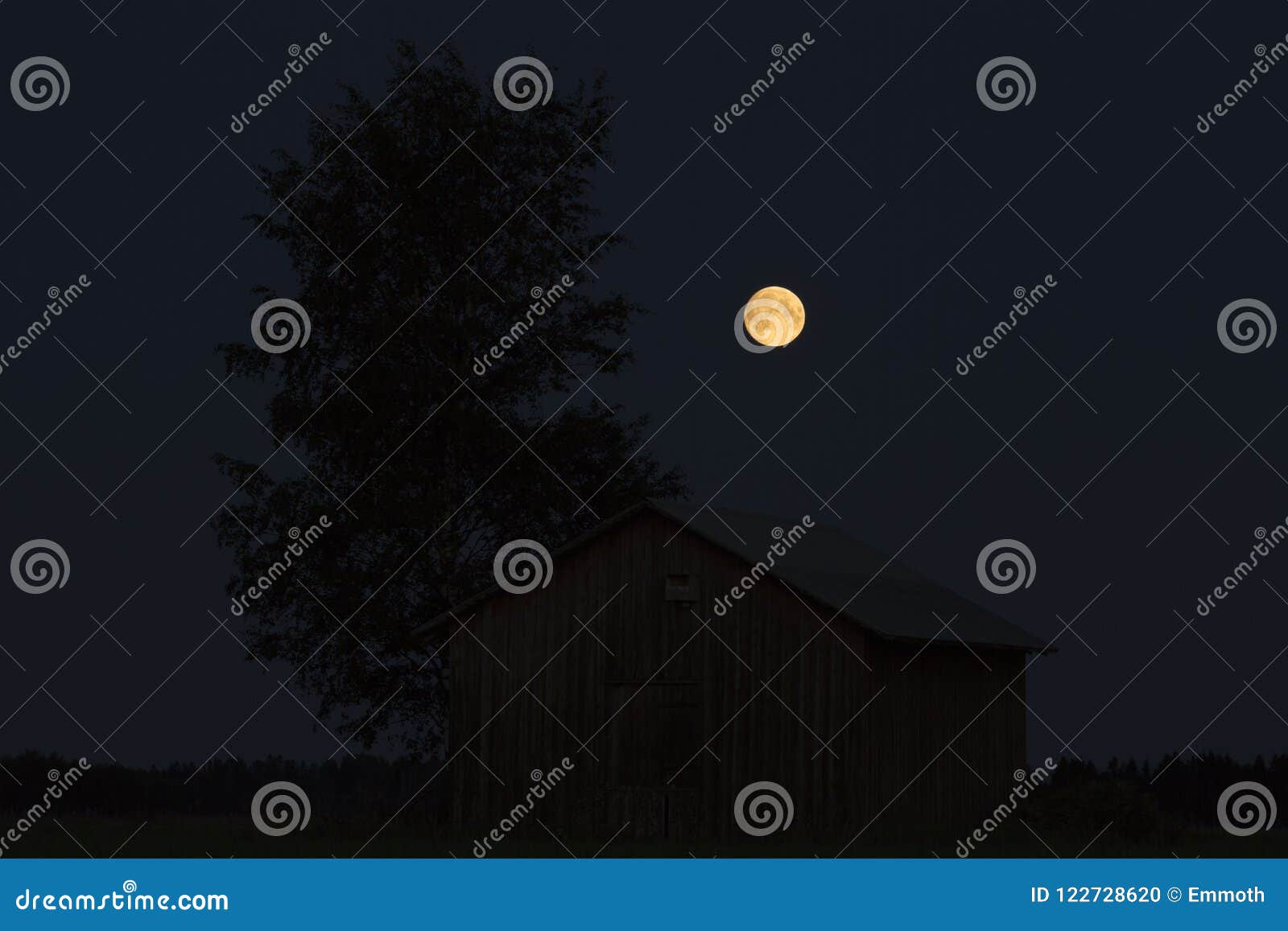 Barn in Farmfield by Tree with a Full Moon Stock Photo - Image of ...