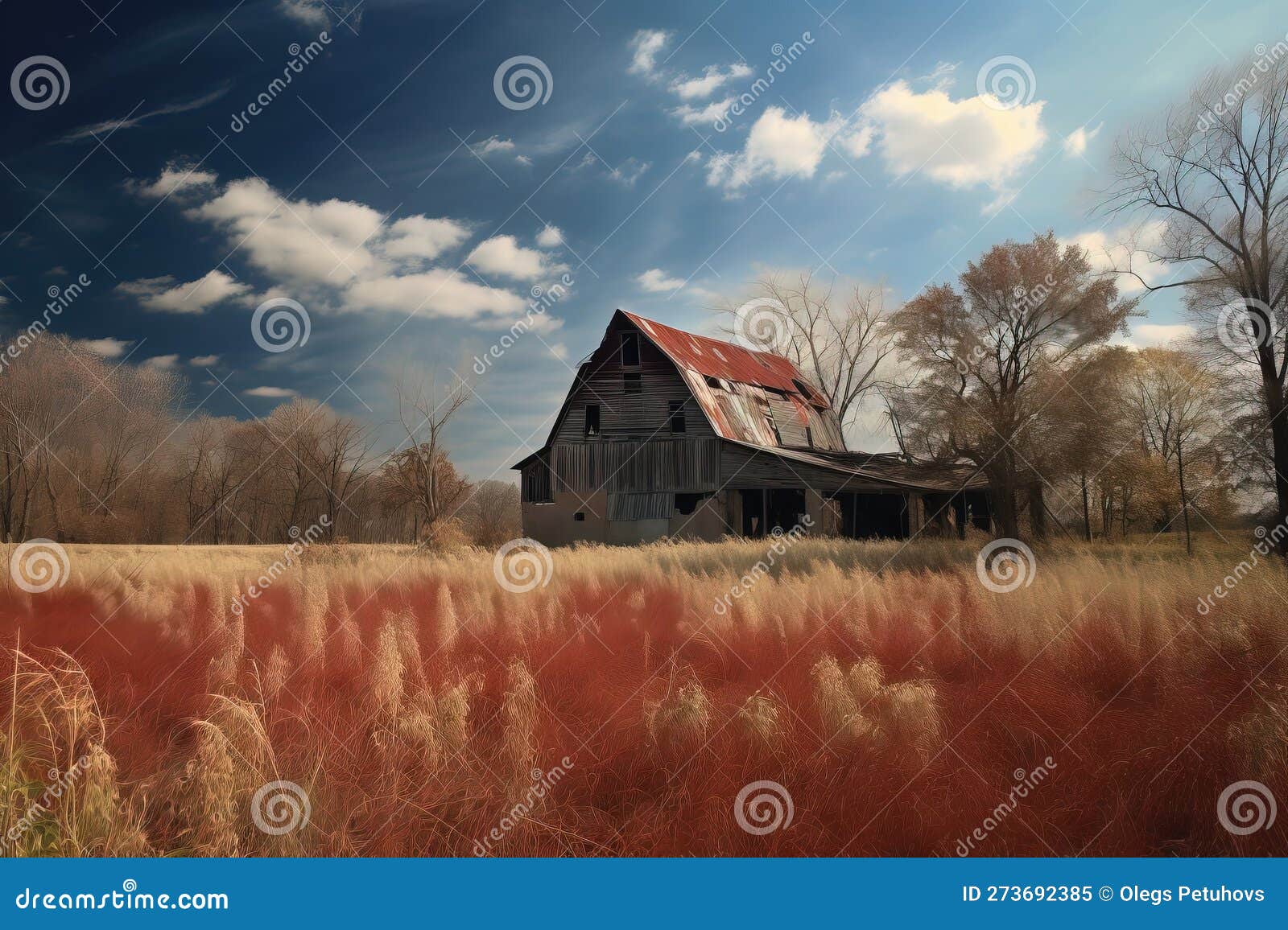 A Barn in a Field with a Red Roof and a Red Tin Roof on the Side of the ...