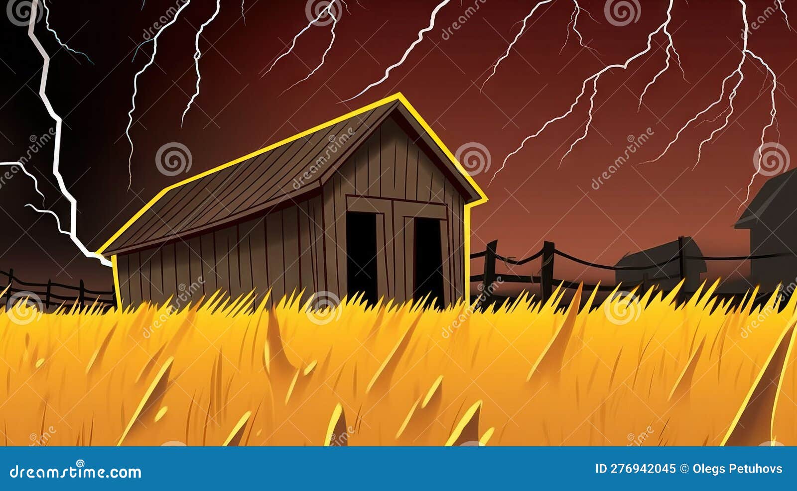 A Barn in a Field of Wheat Under a Lightning Storm Stock Illustration ...
