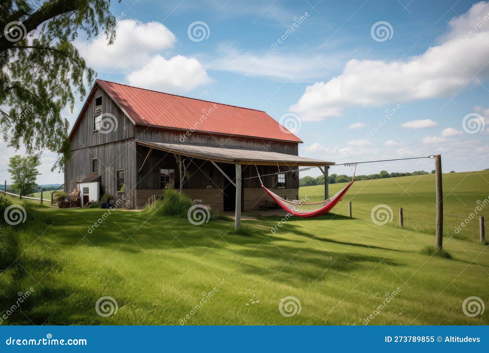 Barn with Hammocks, Swings, and View of Rolling Pastures Stock Illustration - Illustration of ...