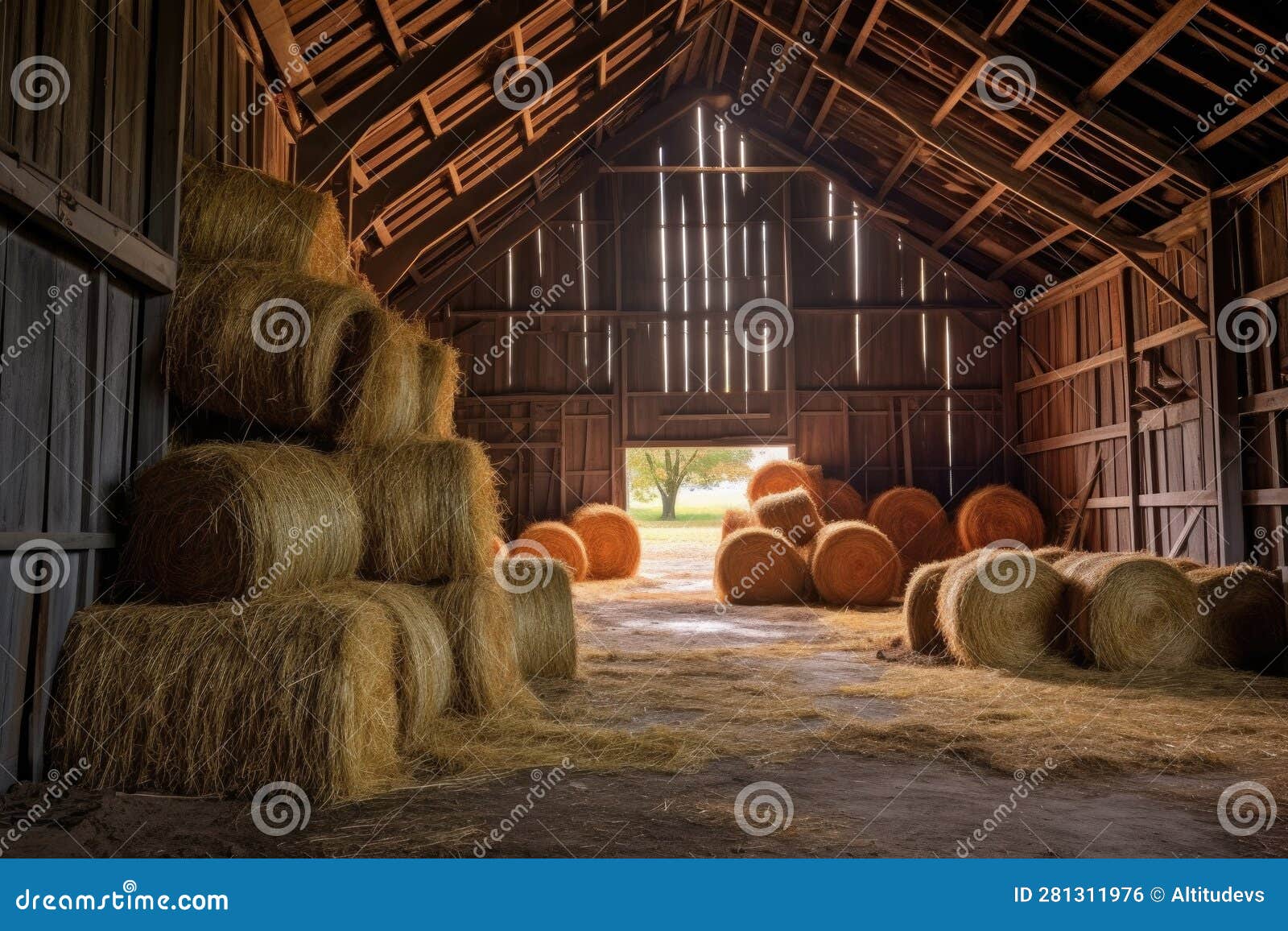 Barn with Hay Bales Stacked Neatly Inside Stock Illustration ...