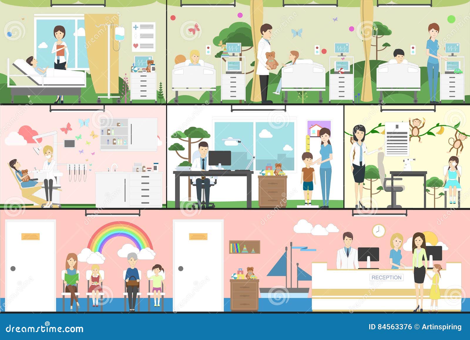 Barn i sjukhus vektor illustrationer. Illustration av klinik - 84563376