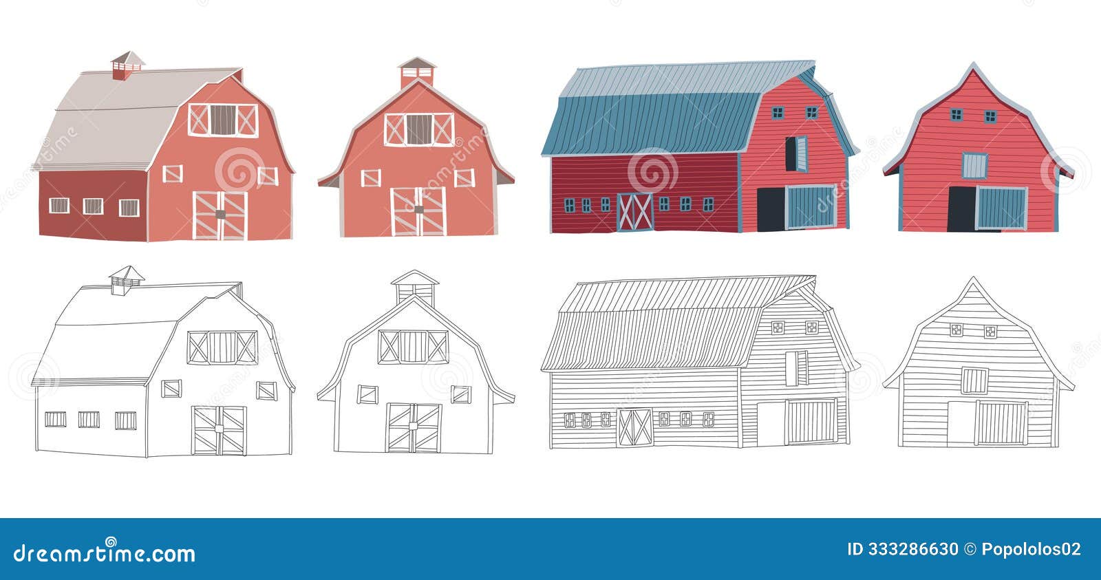 Barn Illustrations in Two Forms, Including Editable Line Drawings Stock ...