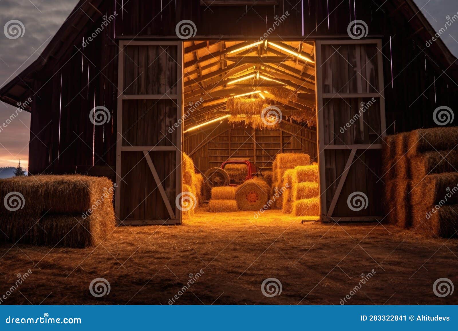 Barn with Large Open Doors Revealing Hay Bales Inside Stock ...