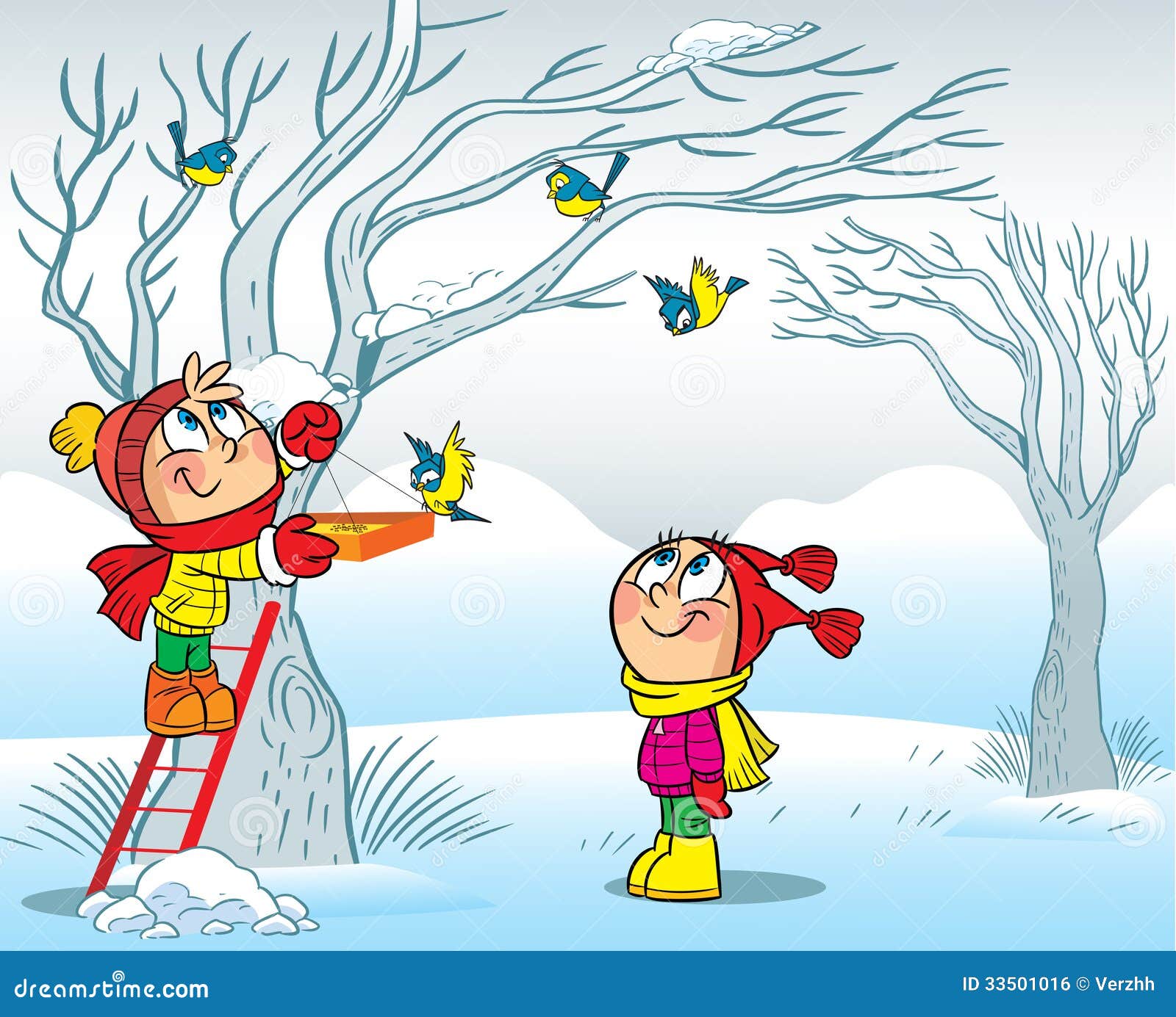 Barn Matade Fåglar I Vinter Vektor Illustrationer - Illustration av ...