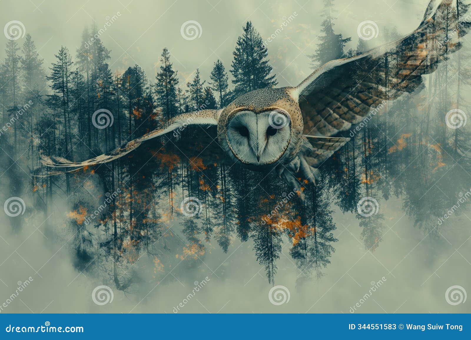Barn Owl Flying Over Burning Forest Fire Double Exposure Stock Image ...