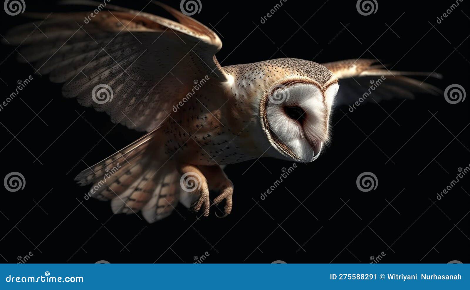 Barn Owl from Front Side Flying To the Camera Direction in the Night ...