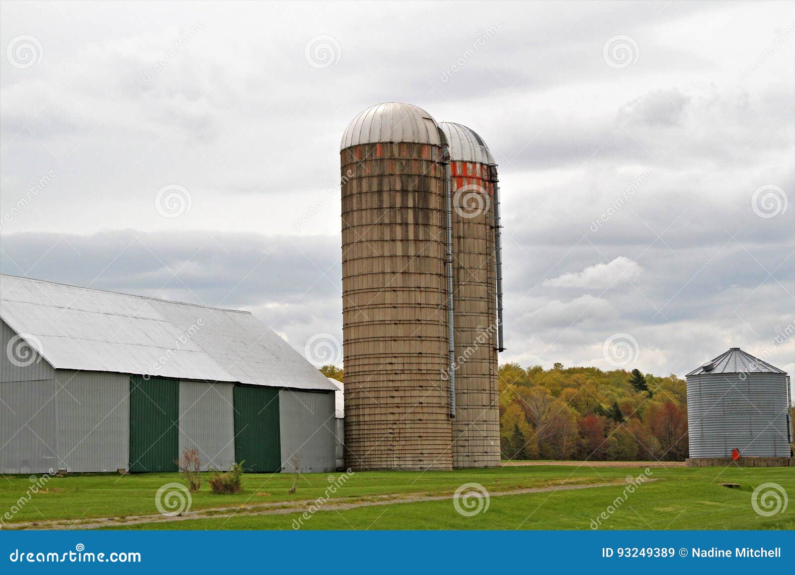 Barn with silos on a farm stock image. Image of granary - 93249389