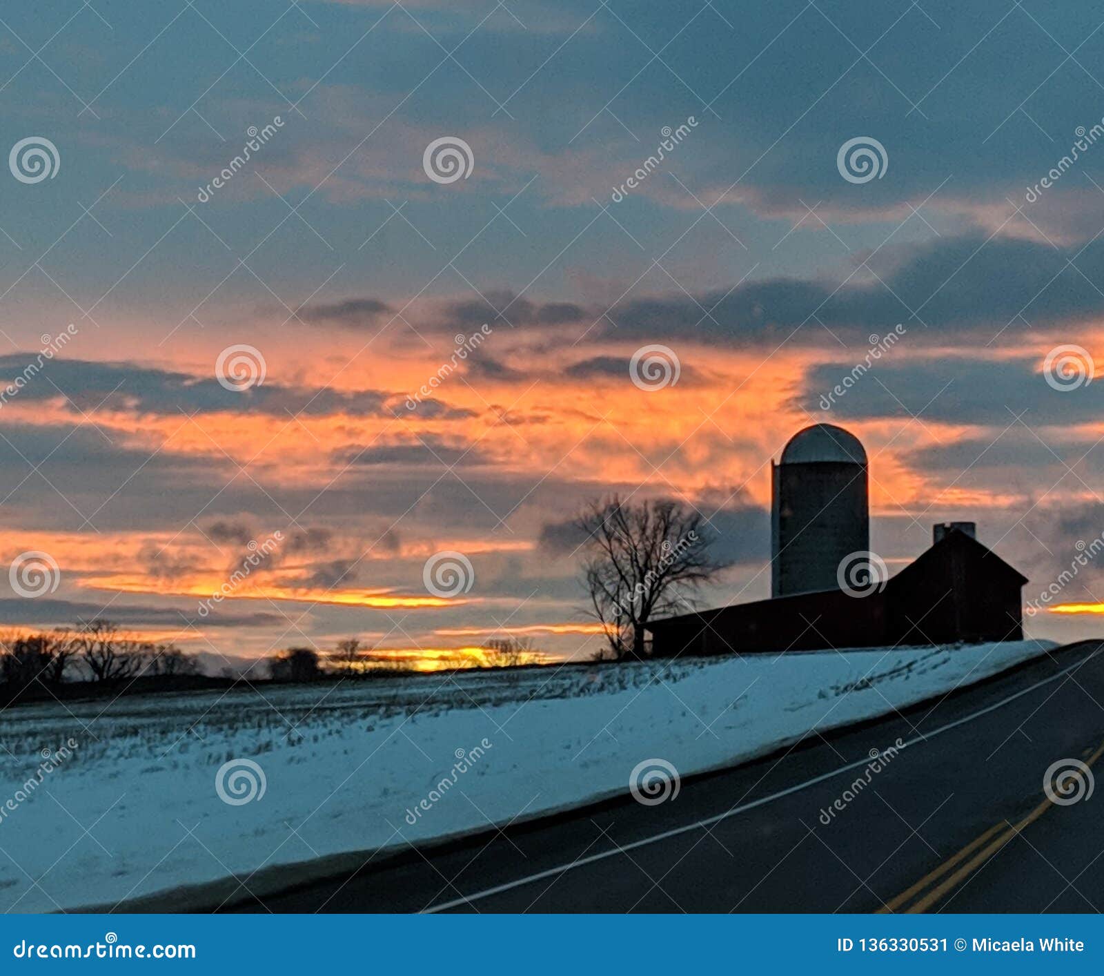 Barn Sunset stock image. Image of silo, barn, winter - 136330531