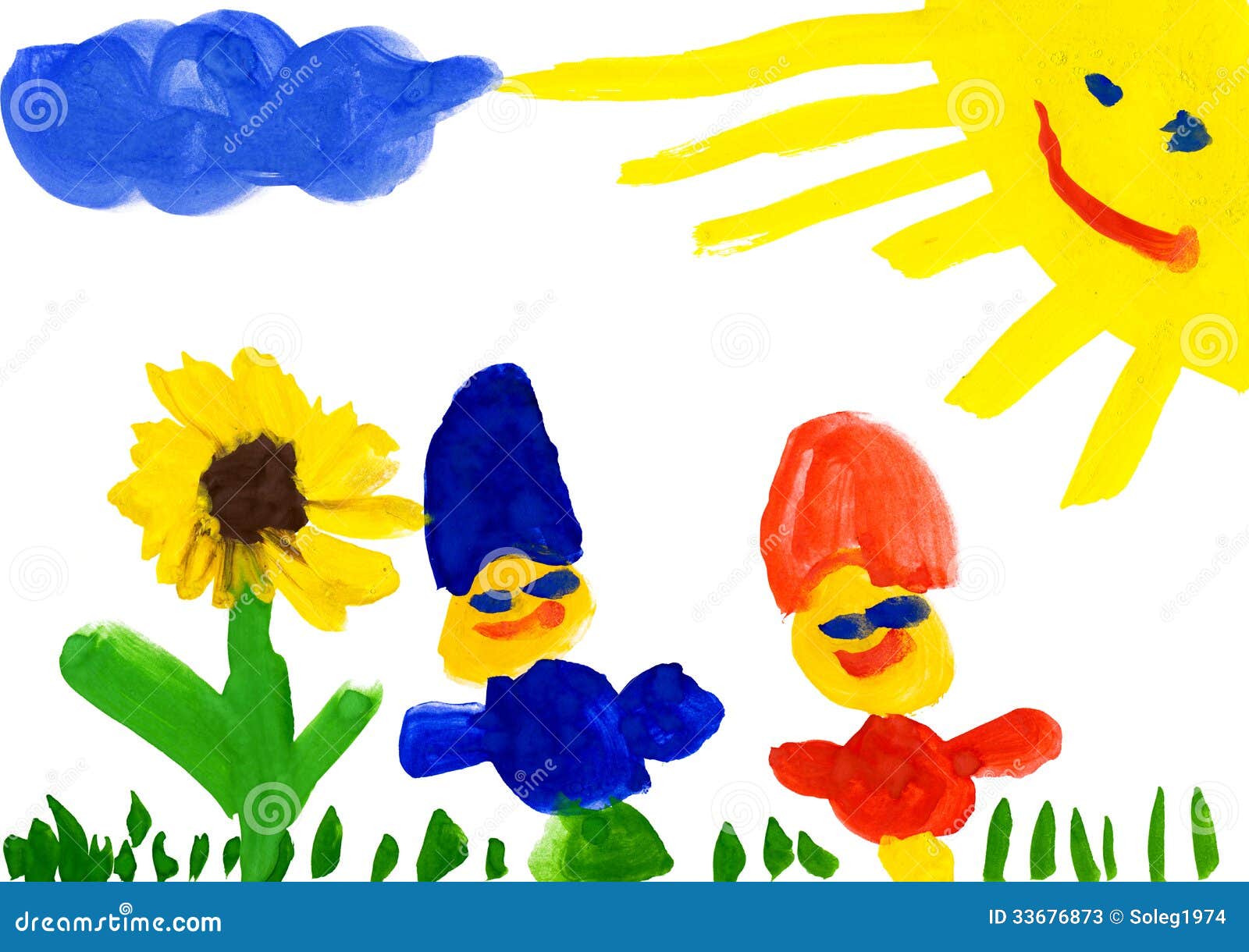 Barns Teckning. Barn På Blommaäng Stock Illustrationer - Illustration ...