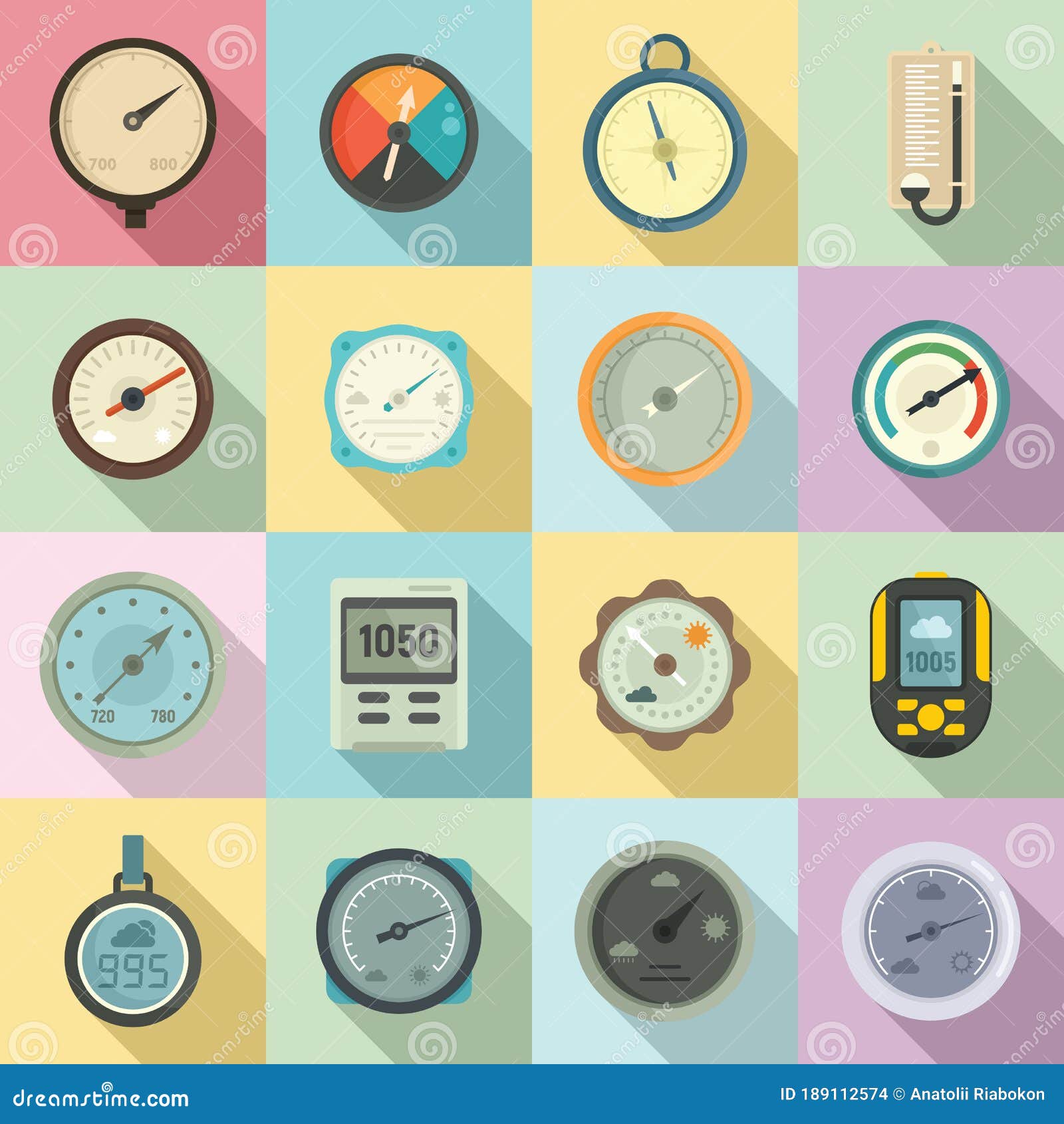 Barometer Icons Set, Flat Style Stock Vector - Illustration of ...
