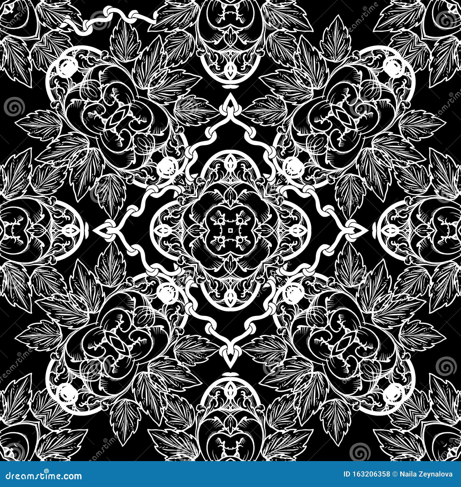 Baroque Black and White Seamless Pattern. Monochrome Floral Antique ...