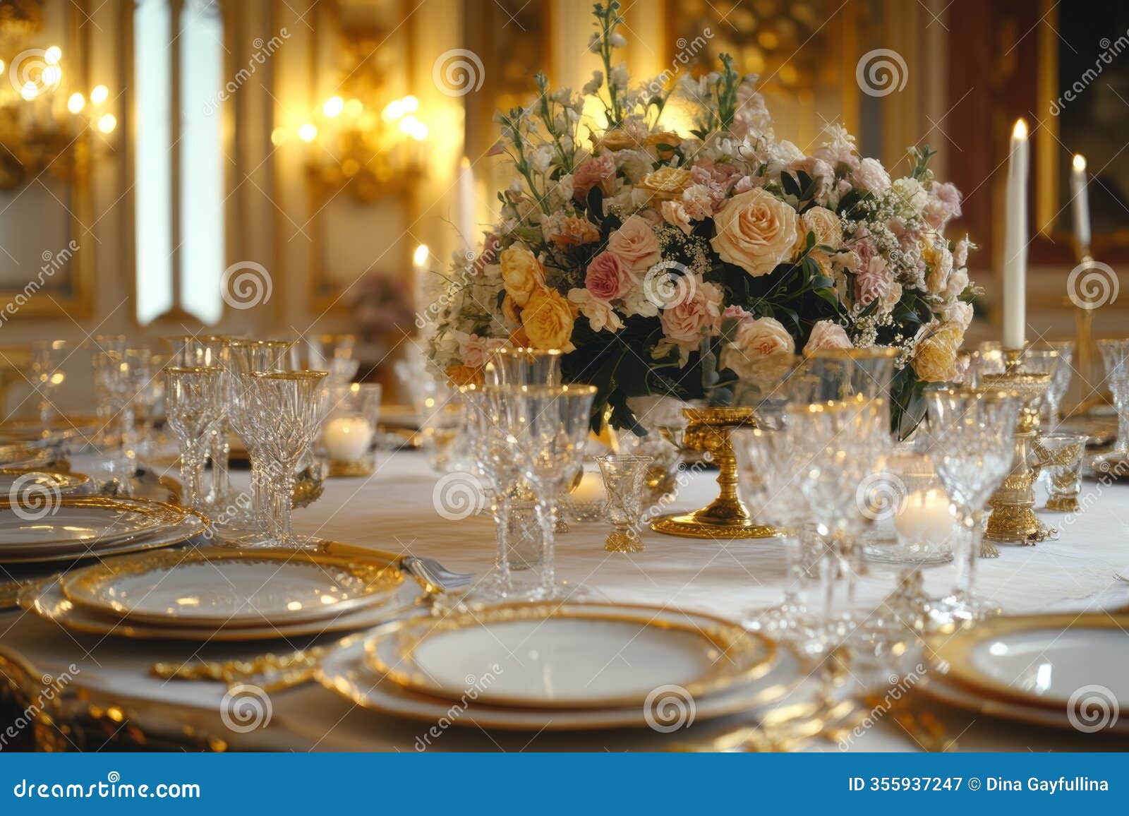 Baroque Dining Table Setting with Pink Roses and Golden Decorations ...