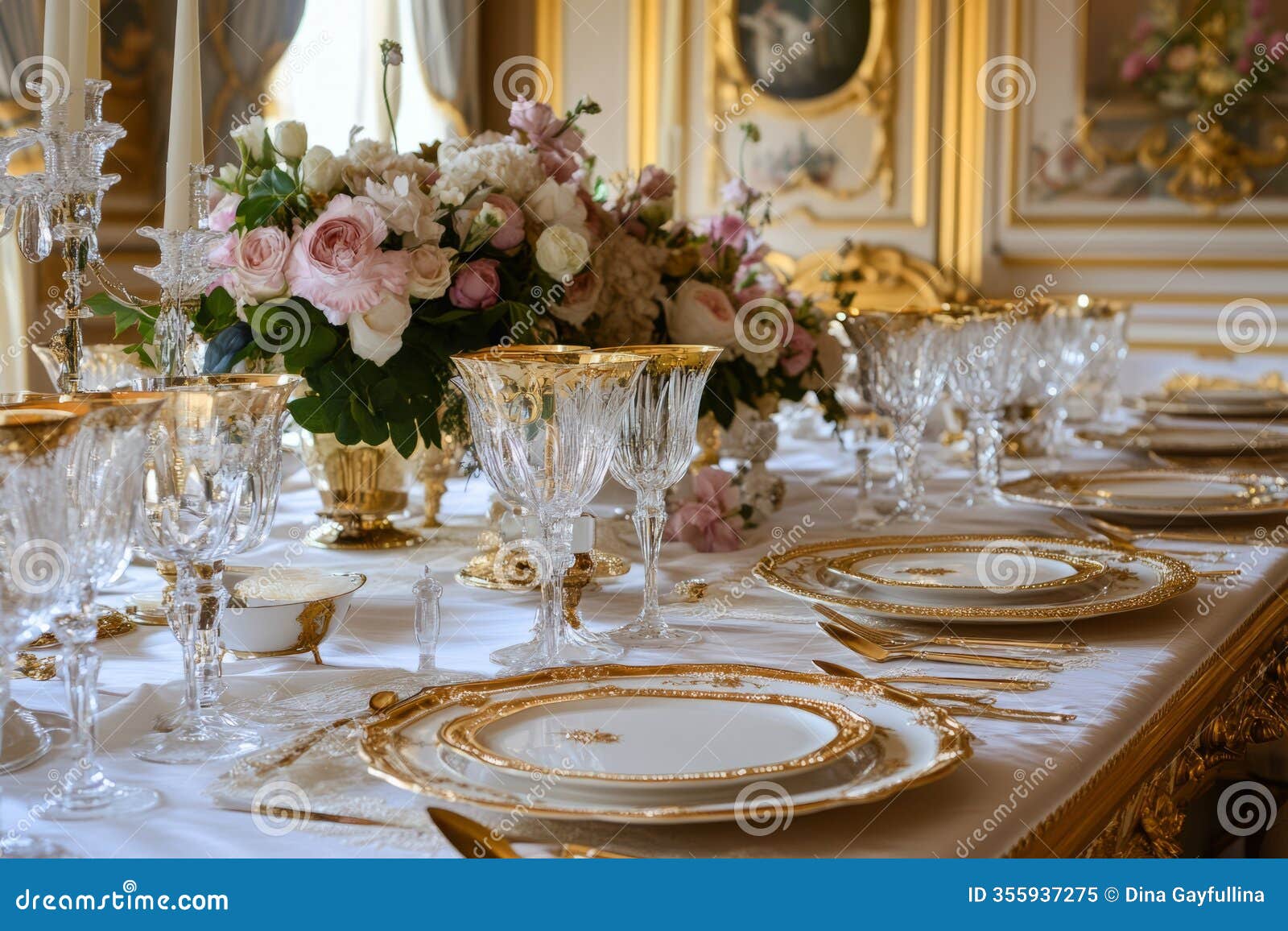 Baroque Dining Table Setting with Pink Roses and Golden Decorations ...