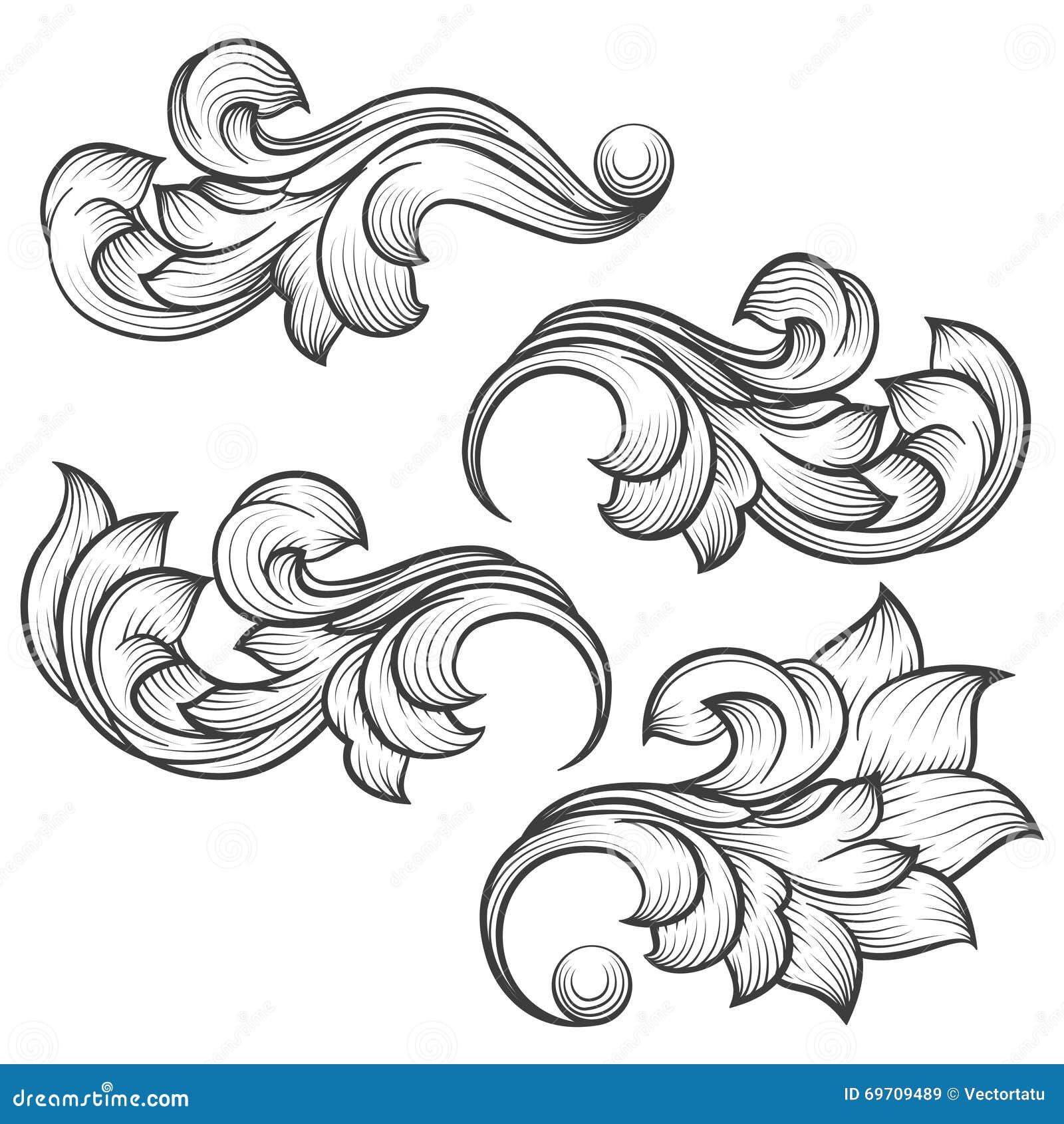 Baroque Engraving Leaf Scroll Stock Vector - Illustration of flourish ...