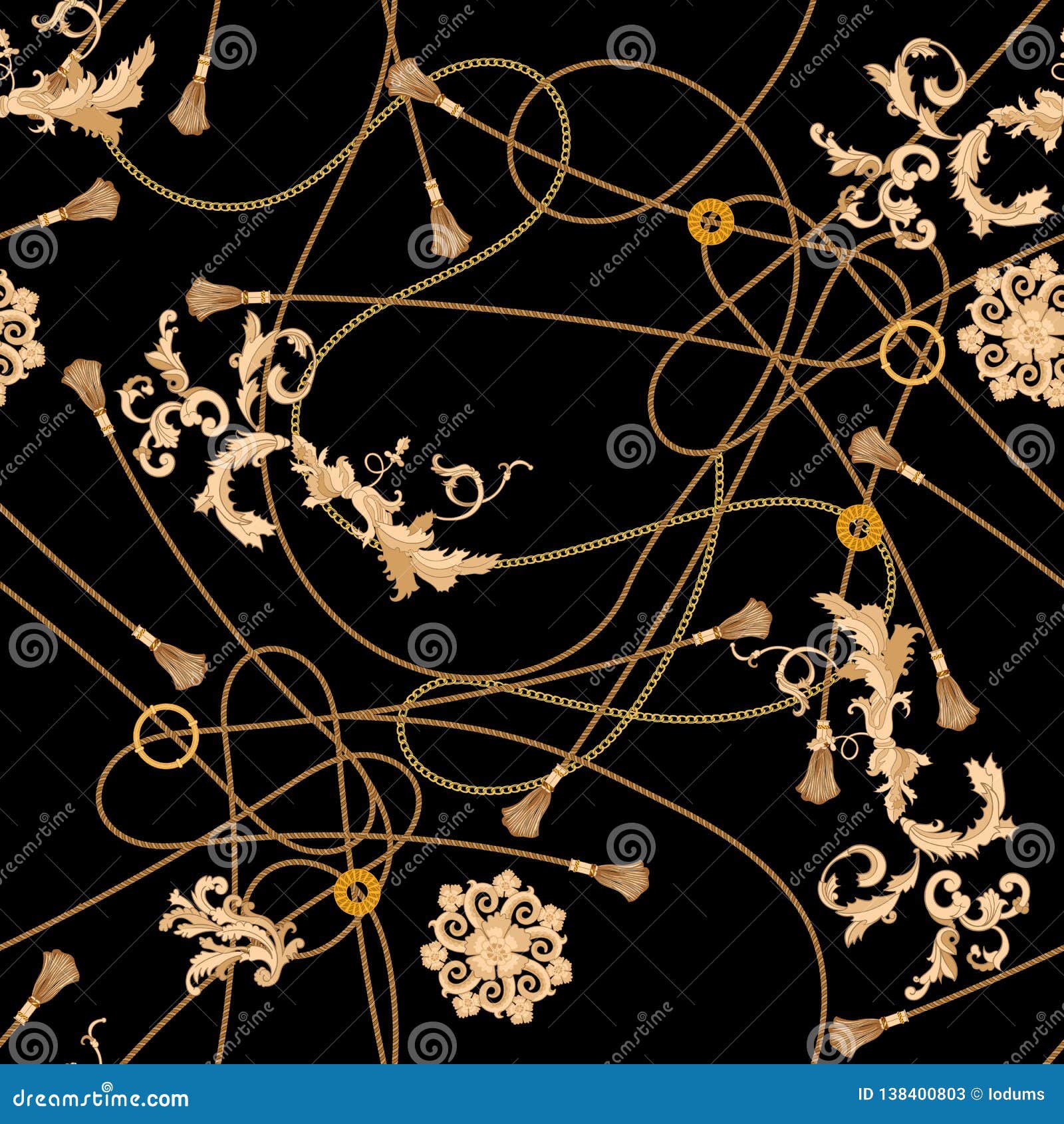 Baroque Golden Chains, Ropes and Leaves. Vector Seamless Pattern for ...