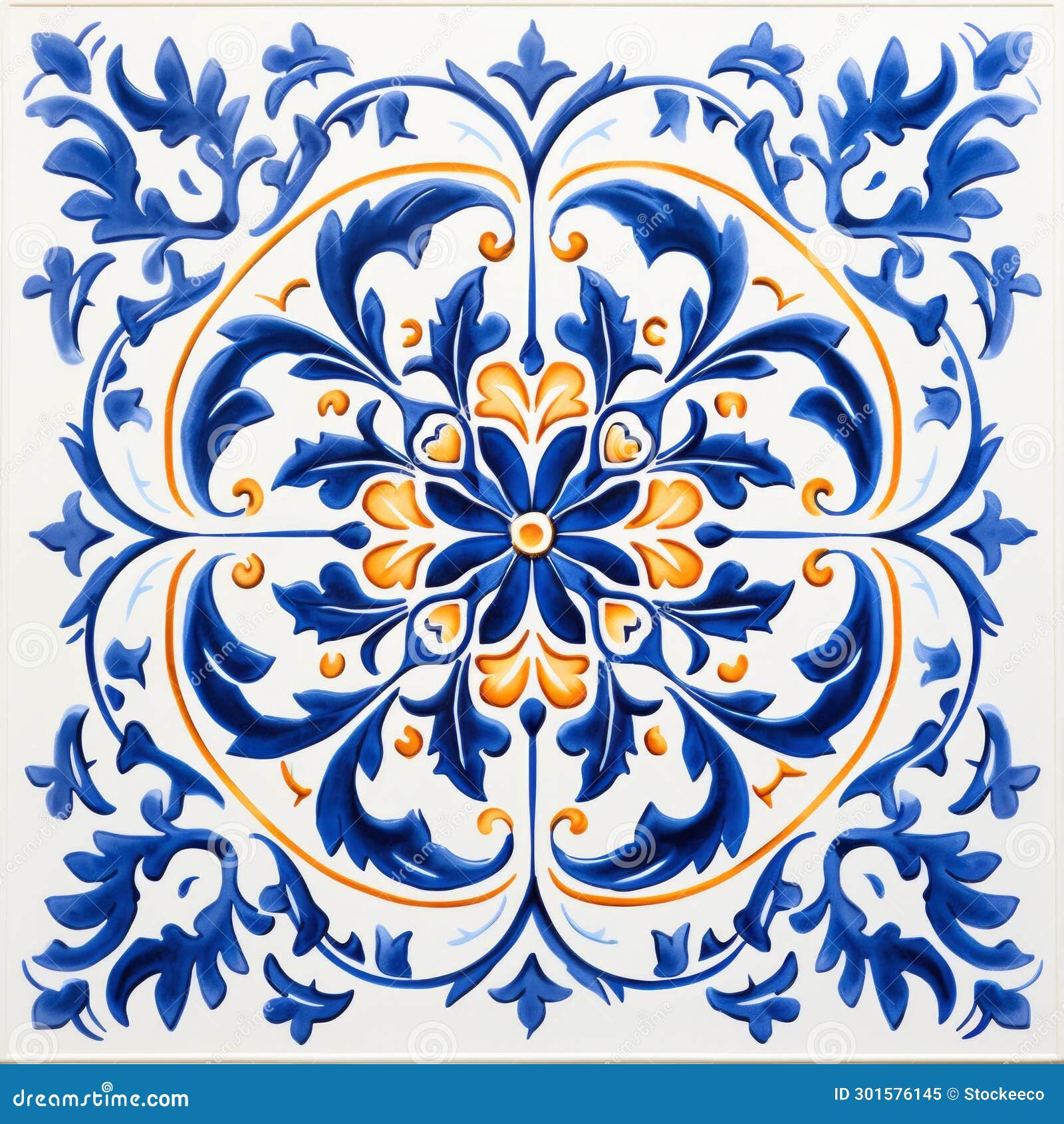 Baroque-inspired White Tile with Blue and Orange Floral Pattern Stock ...