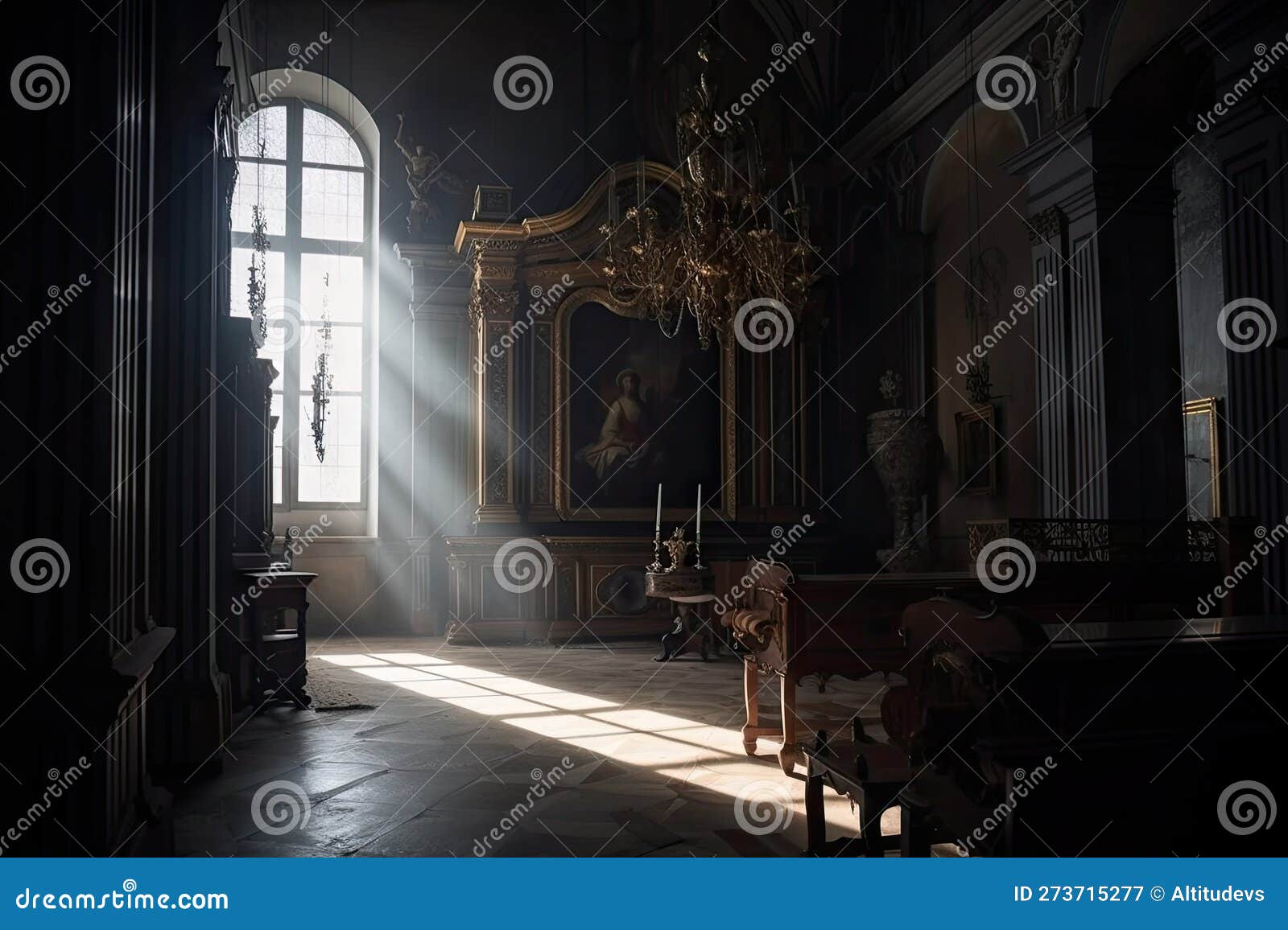 Baroque Interior with Dramatic Lighting and Shadows, Creating a ...