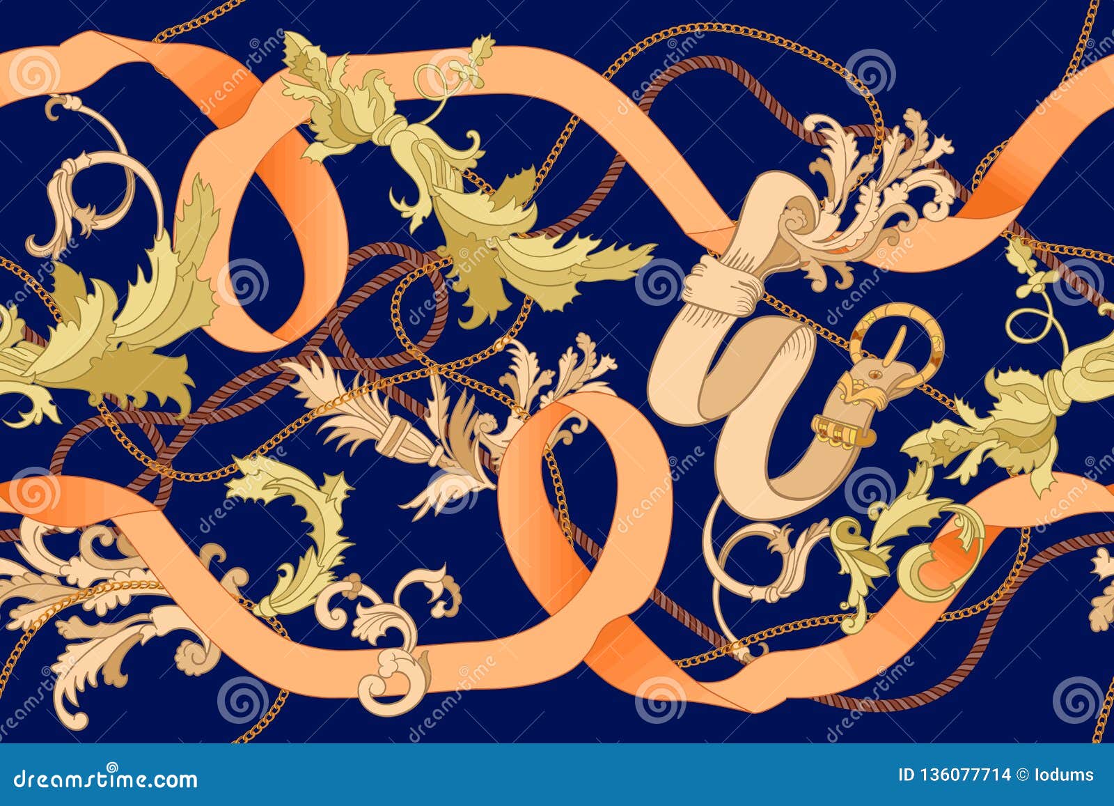 Baroque Patch with Golden Chains and Ribbons. Vector Seamless Pattern ...