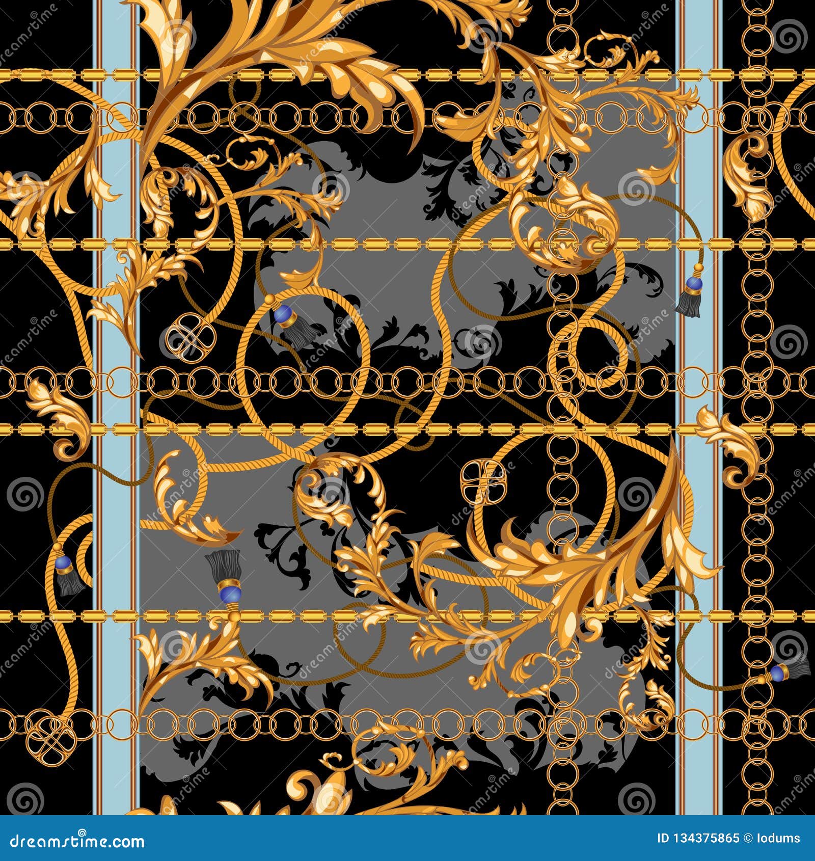 Baroque Patch with Golden Chains and Stucco. Seamless Pattern for ...