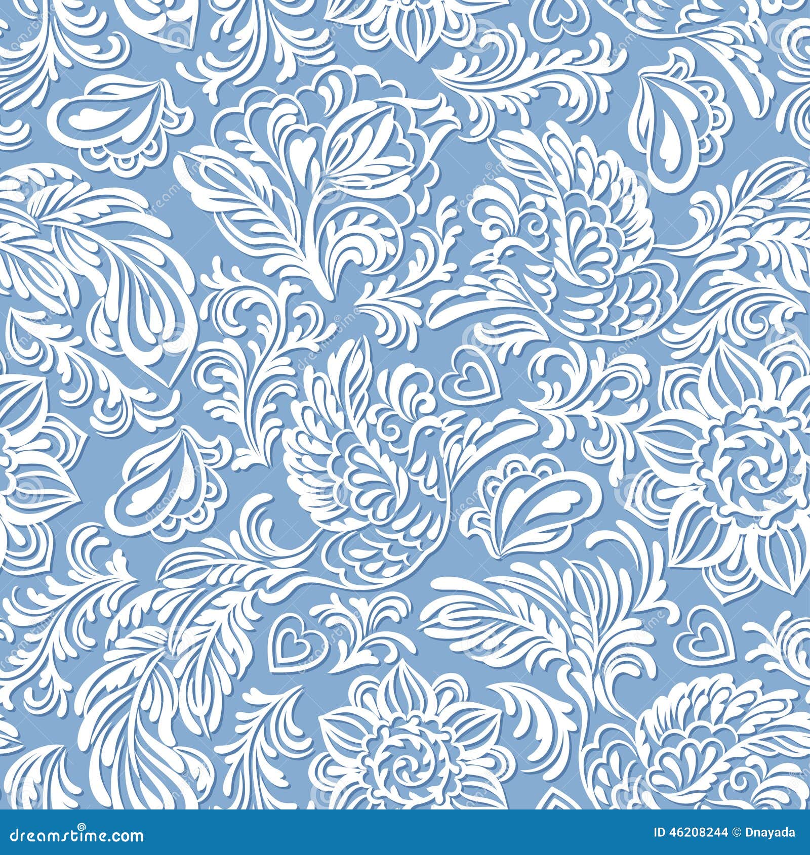 Baroque Pattern with Birds and Flowers, Blue Stock Vector ...