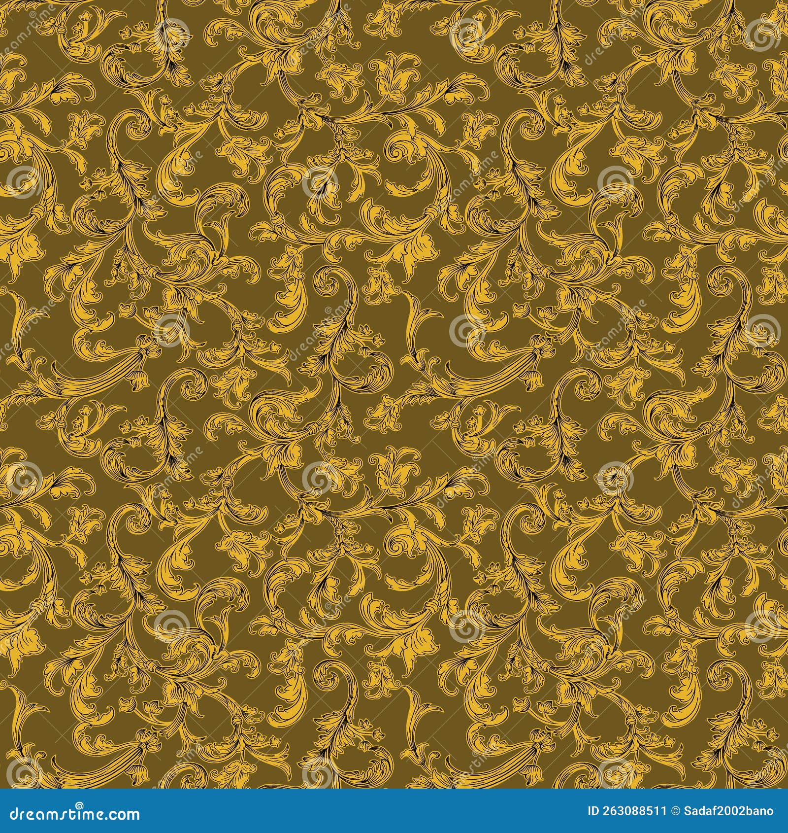 Baroque Pattern with Damask from Plant Swirls with Spring Small Flowers ...