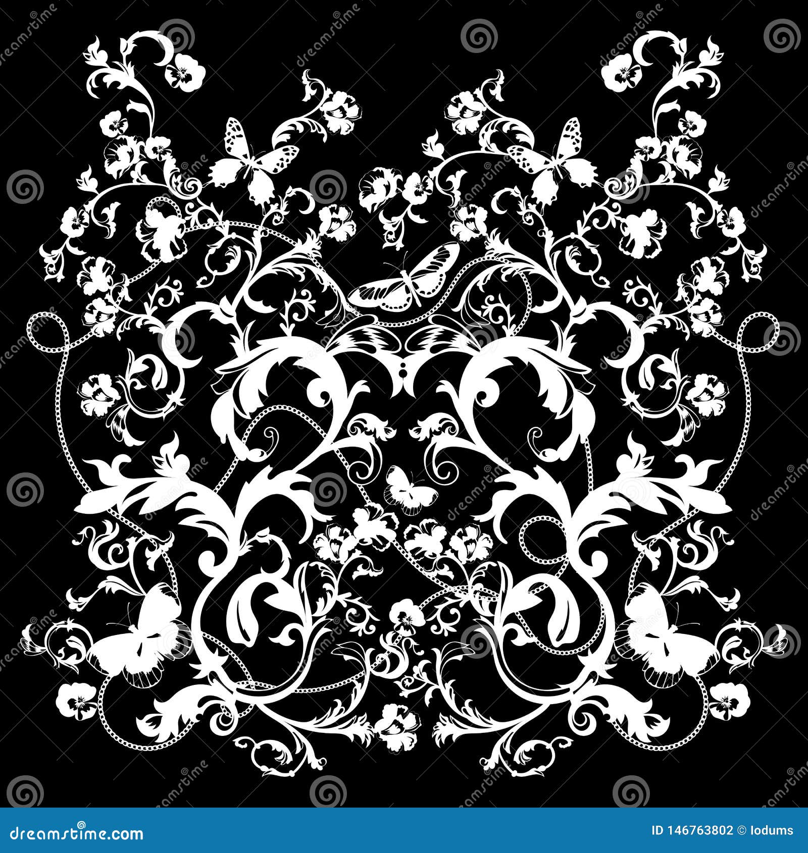 Baroque Pattern with Silhouette of Chains and Flowers. Vector Floral ...