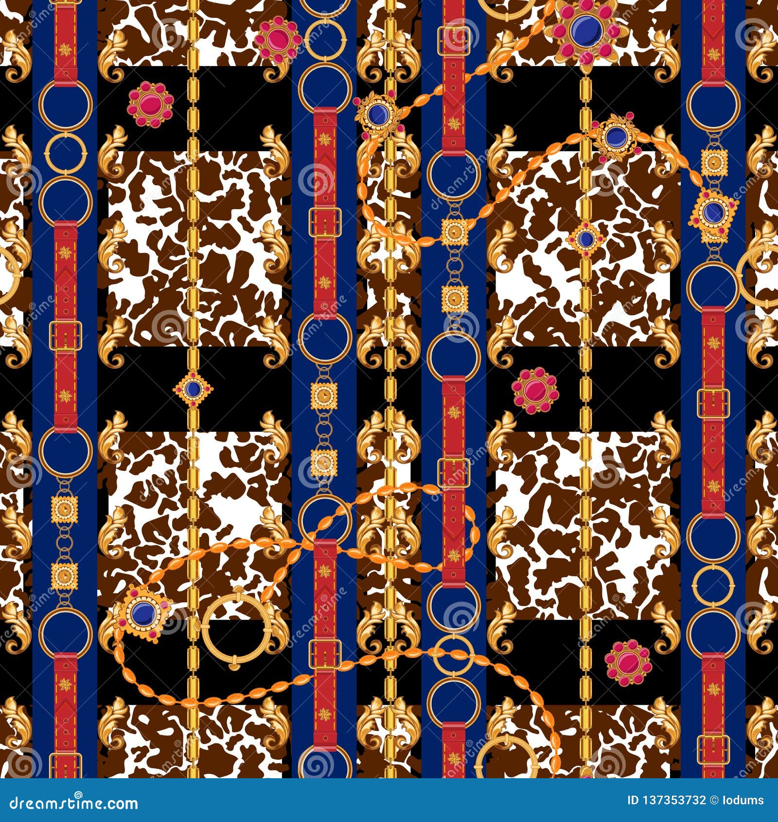 Baroque Seamless Pattern with Chains, Gems and Leaves. Vector Check ...